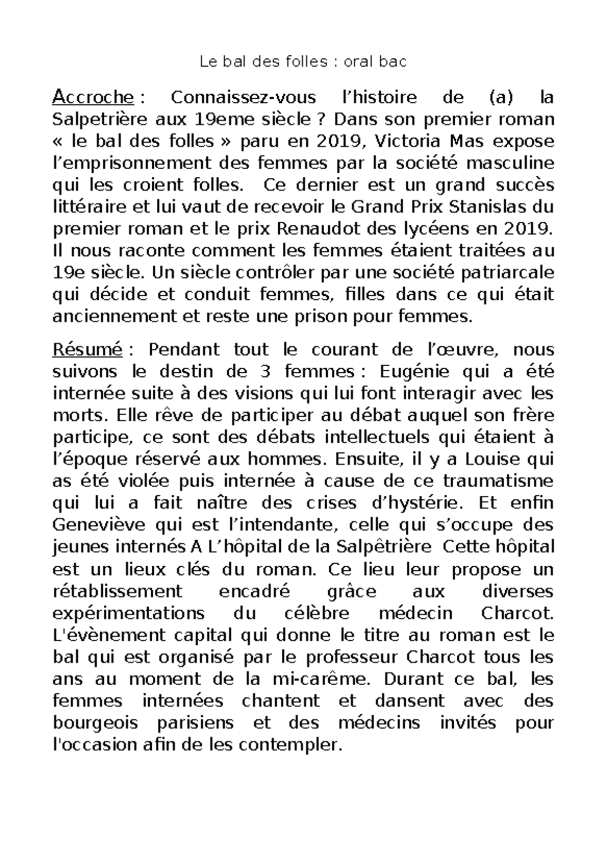 727989958 Fiches Oral Bac: Le bal des folles de Victoria Mas - Studocu