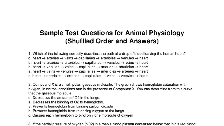 Animal Physiology Sample Test Questions (Shuffled Order) - Studocu