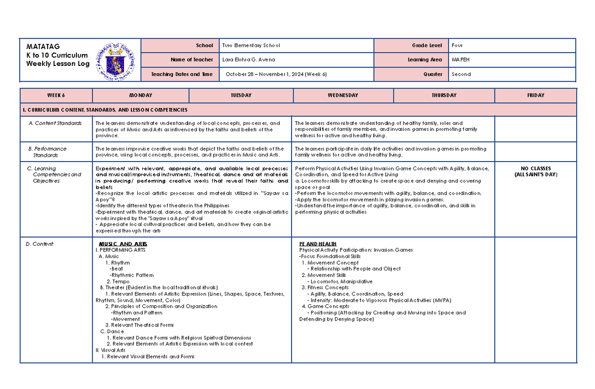 LE MAPEH 4 Week 6 Lesson Plans: Music, Arts, PE & Health Exploration ...