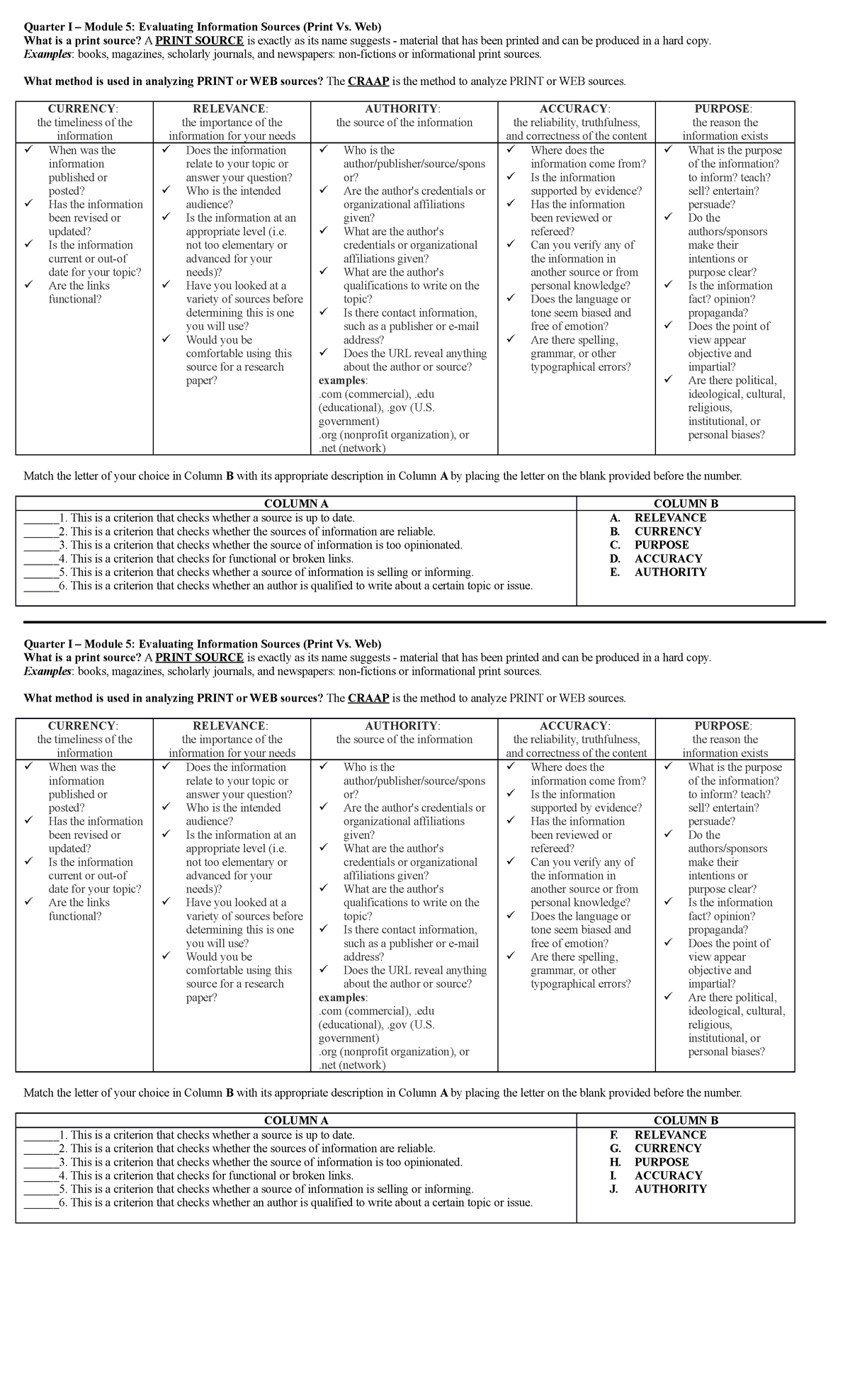 CRAAP Lecture: Evaluating Print vs. Web Sources (Module 5) - Studocu