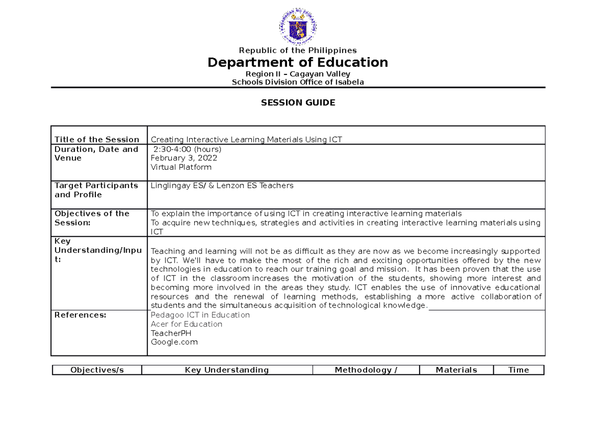Session Guide Sample for Elementary Teachers - Republic of the ...