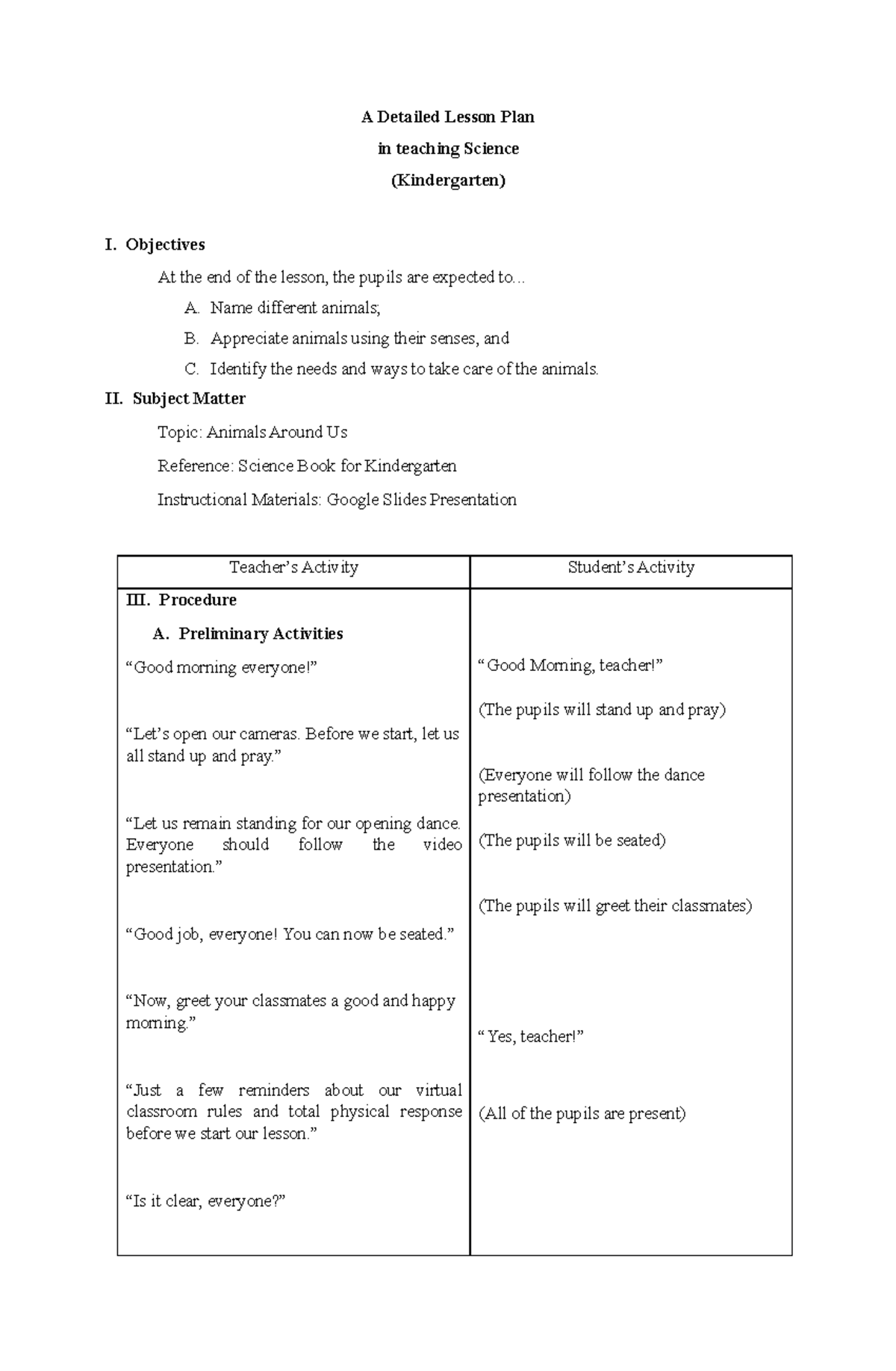 Kindergarten Science Lesson Plan: Animals Around Us (Detailed) - Studocu
