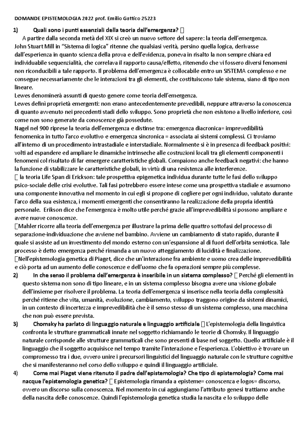 Domande di Epistemologia - Prof. Emilio Gattico 25223 - 2022 - Studocu