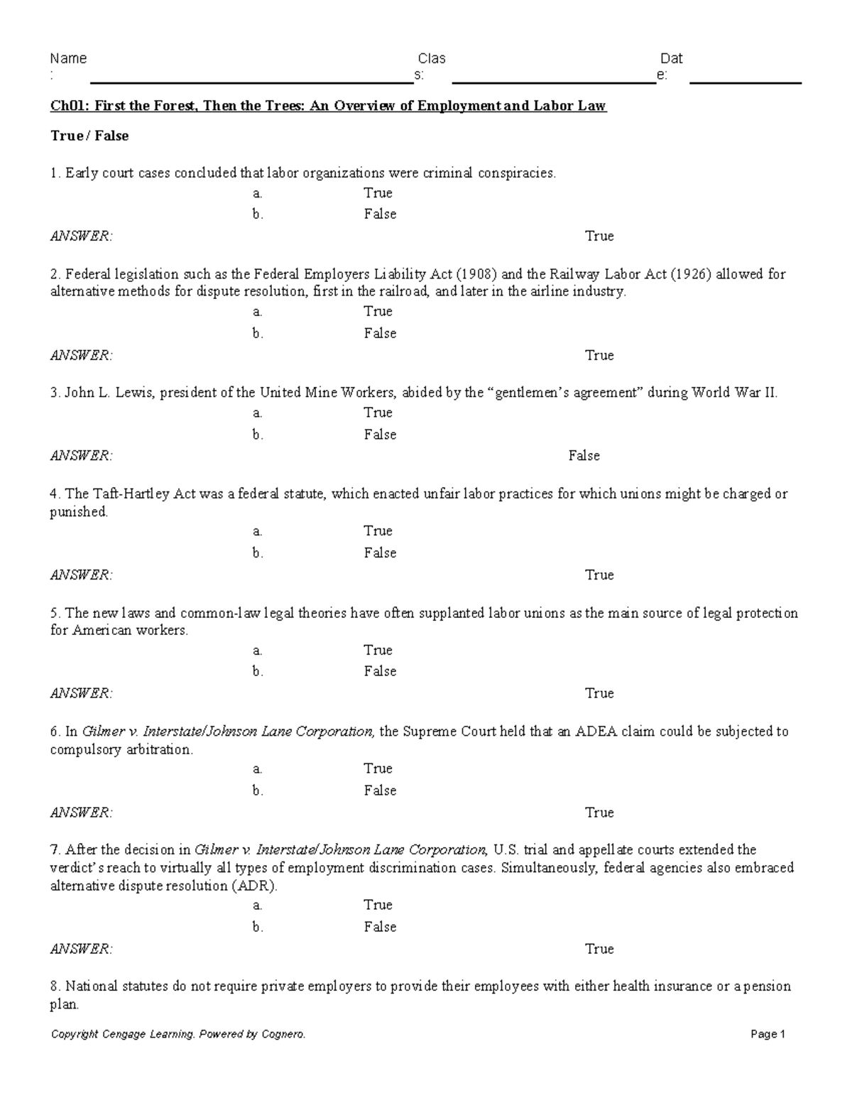 Employment and Labor Law 10th Ed. Cihon Test Bank - Chapter 1 Quiz ...