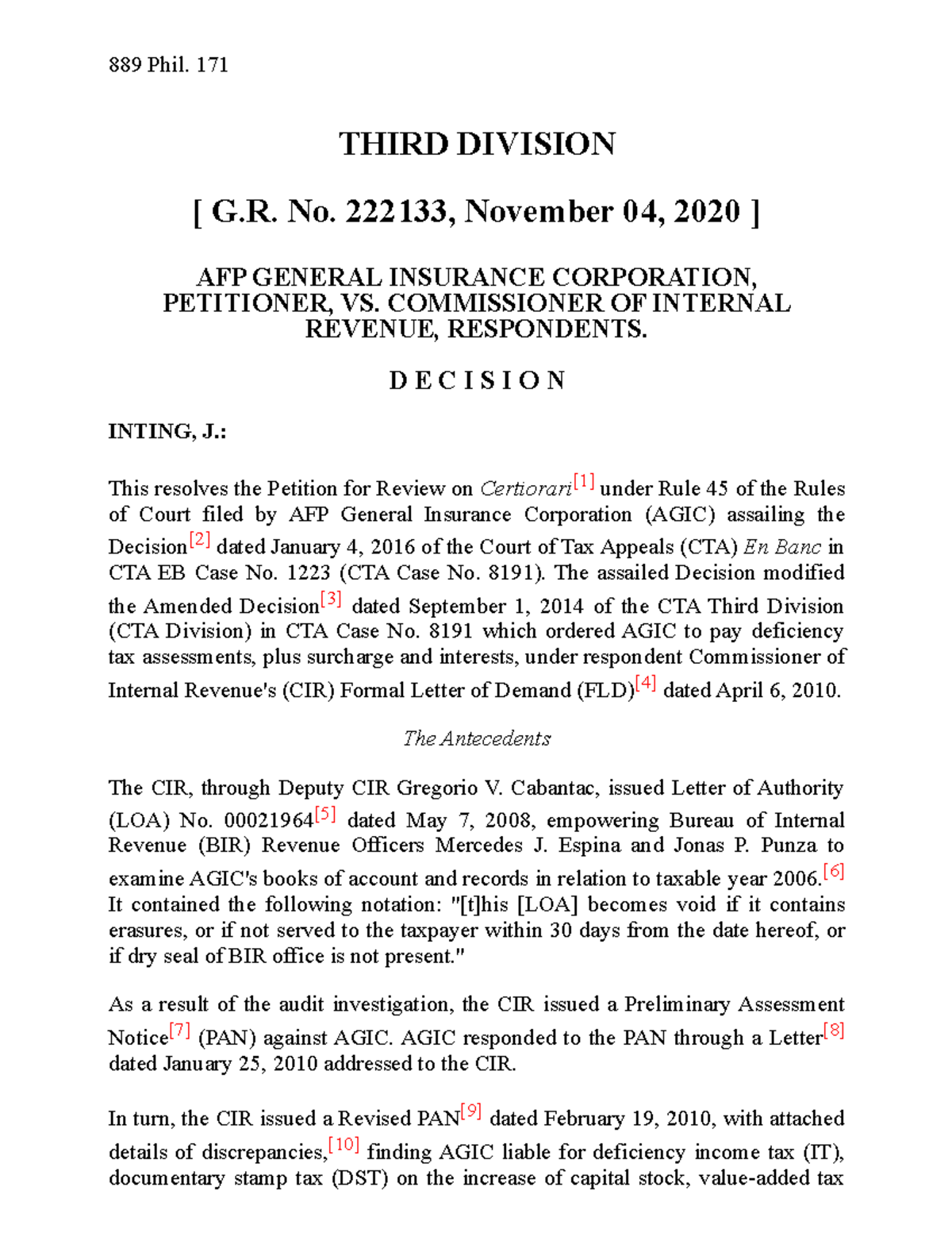 889 Phil. 171 G.R. No. 2020 - AFP General Insurance Corp. vs. CIR ...