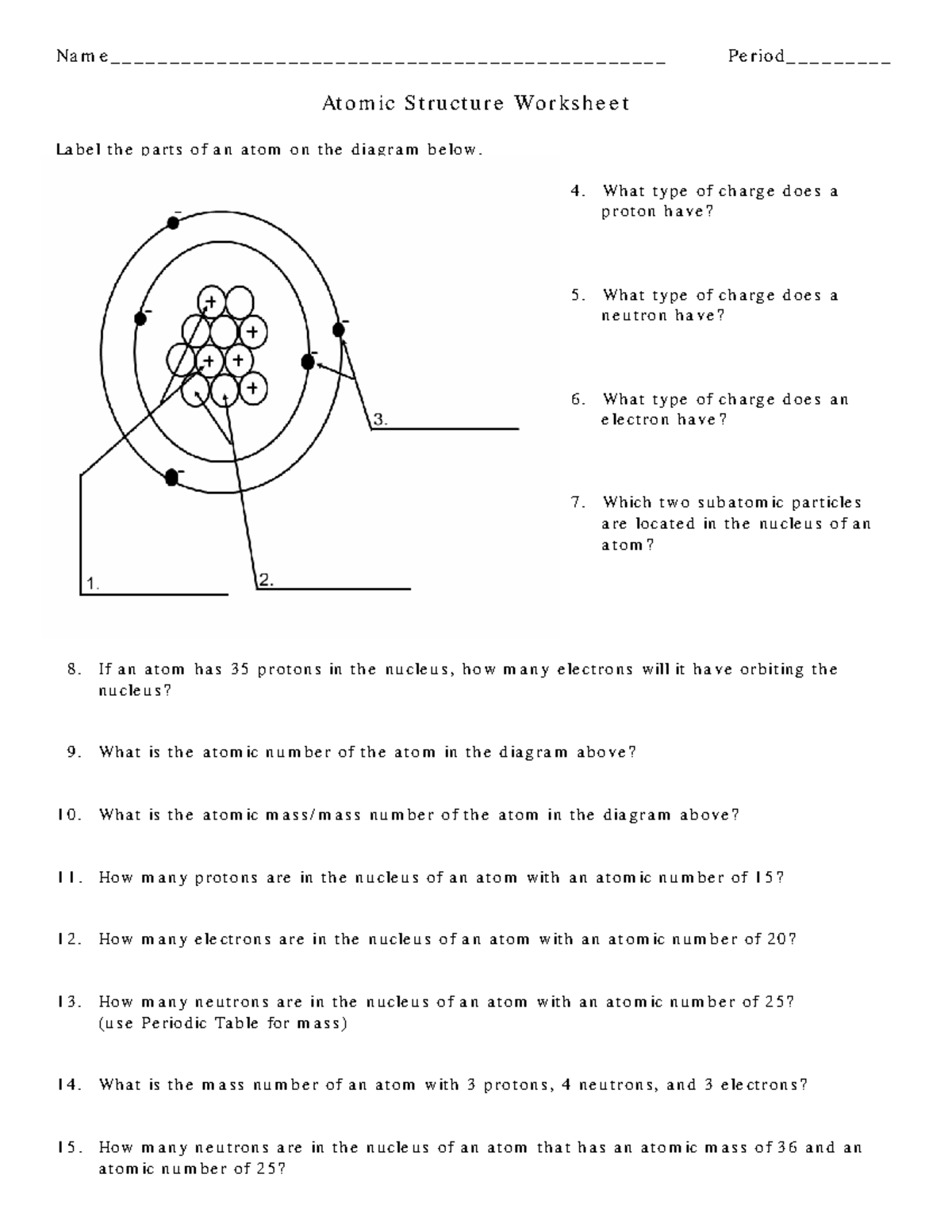 Atomic Structure Worksheet: Understanding Atoms and Charges - Studocu