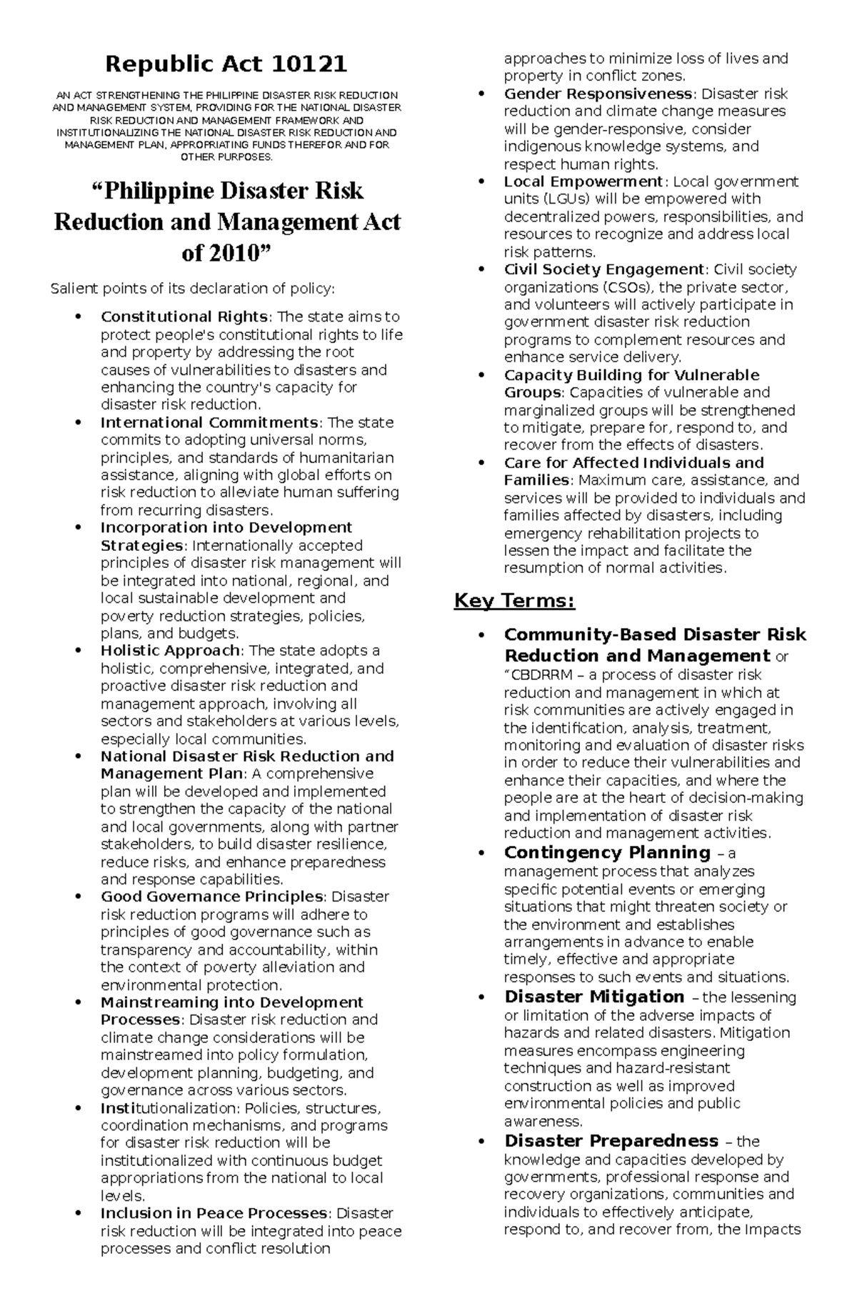 DRRR Finals Notes SELF Study - Republic Act 10121 AN ACT STRENGTHENING ...