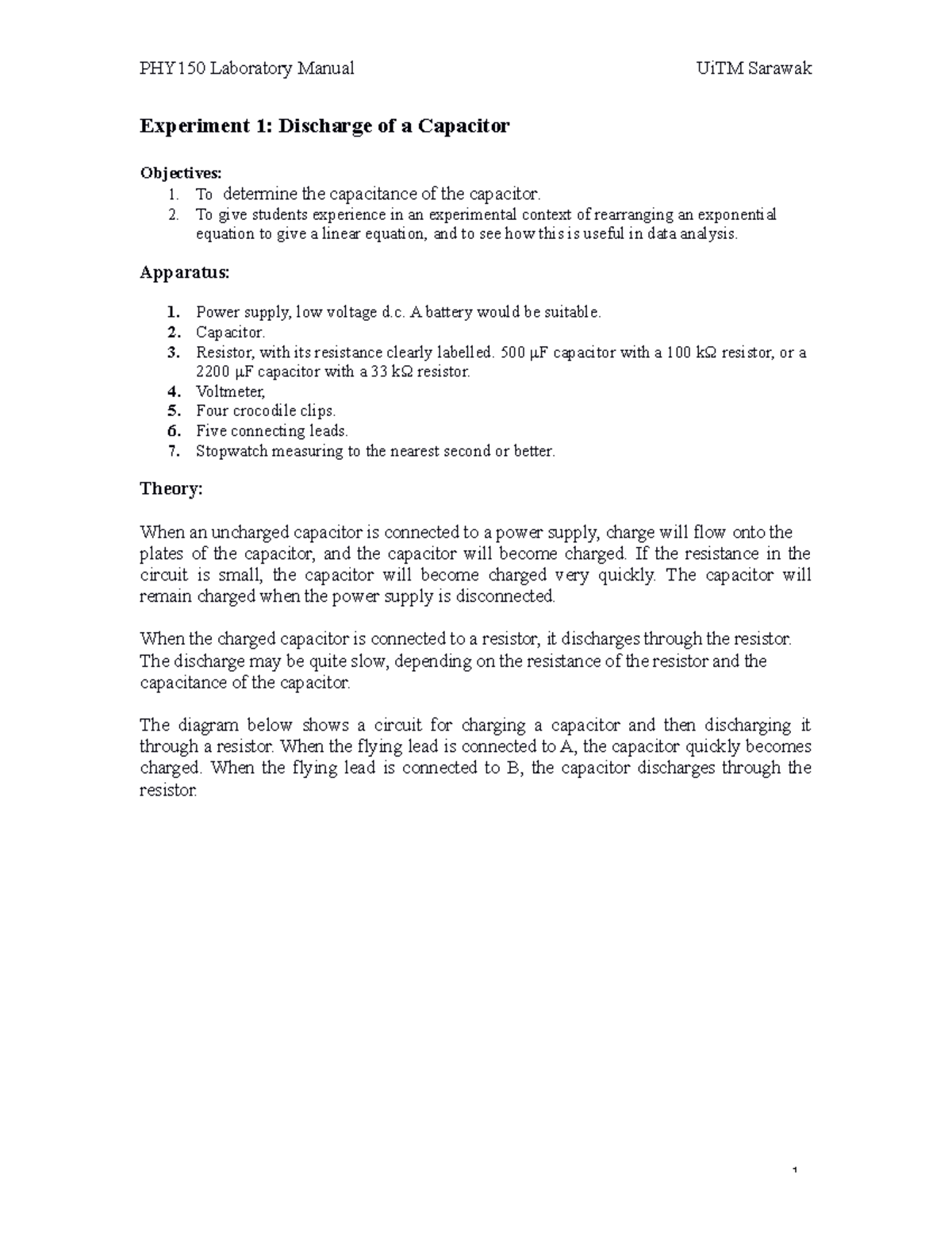 PHY150 Experiment 1: Capacitor Discharge Analysis and Procedure - Studocu