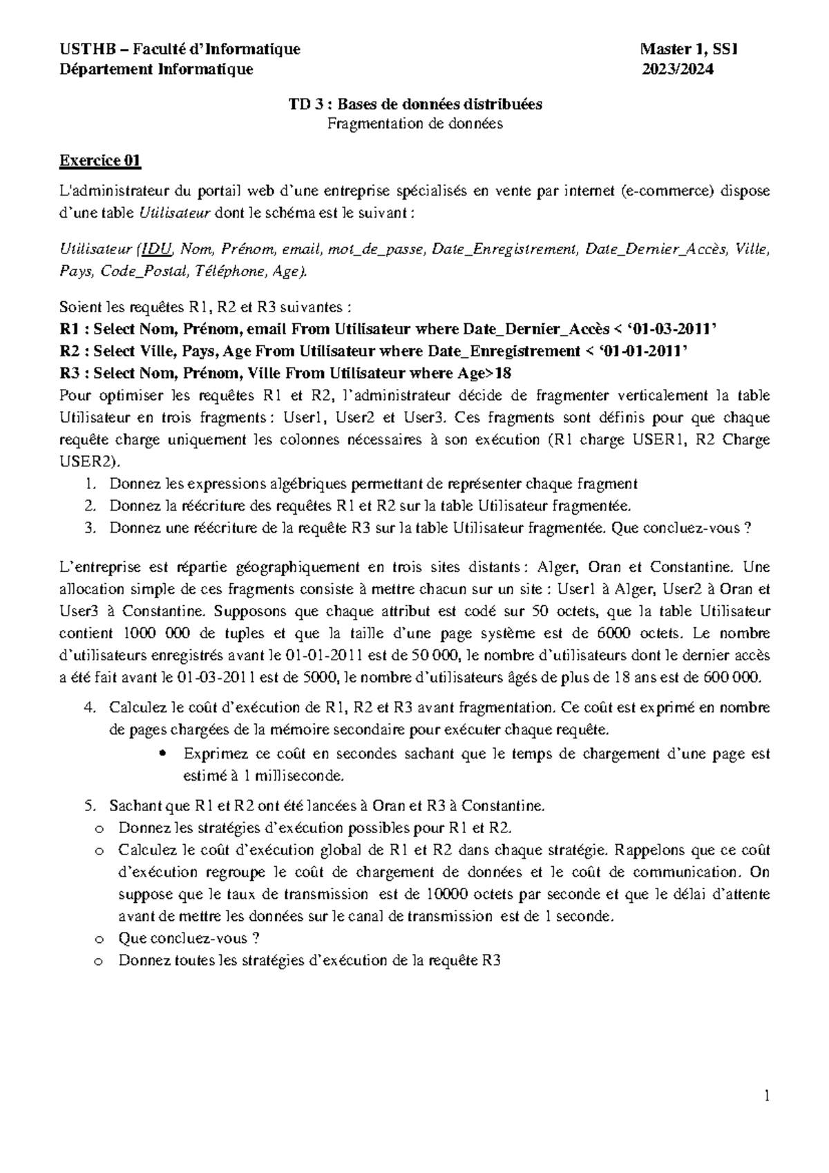 TD 03 Fragmentation de Données - USTHB Master 1 SSI - Studocu
