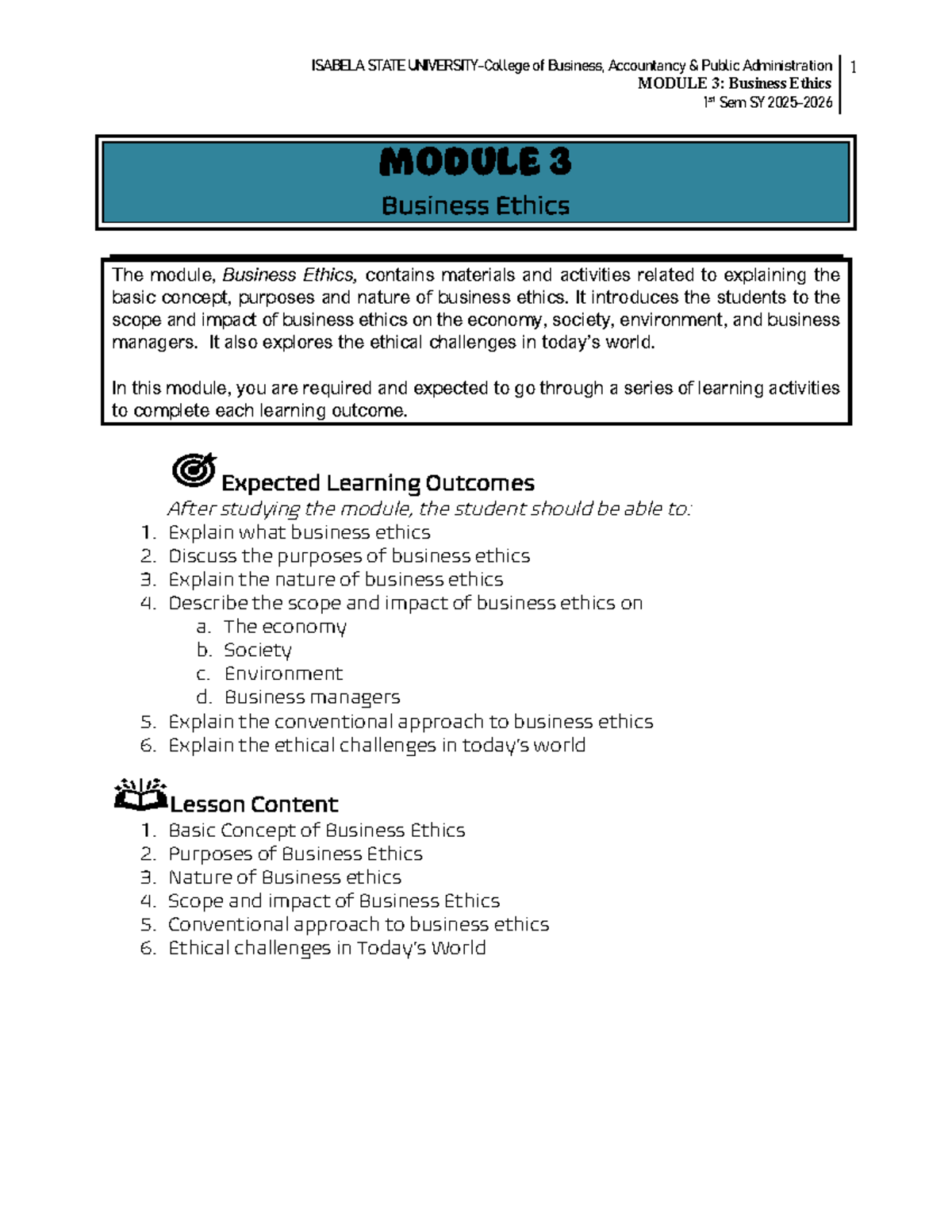 ISABELA STATE Business Ethics Module 3: Understanding Ethical ...