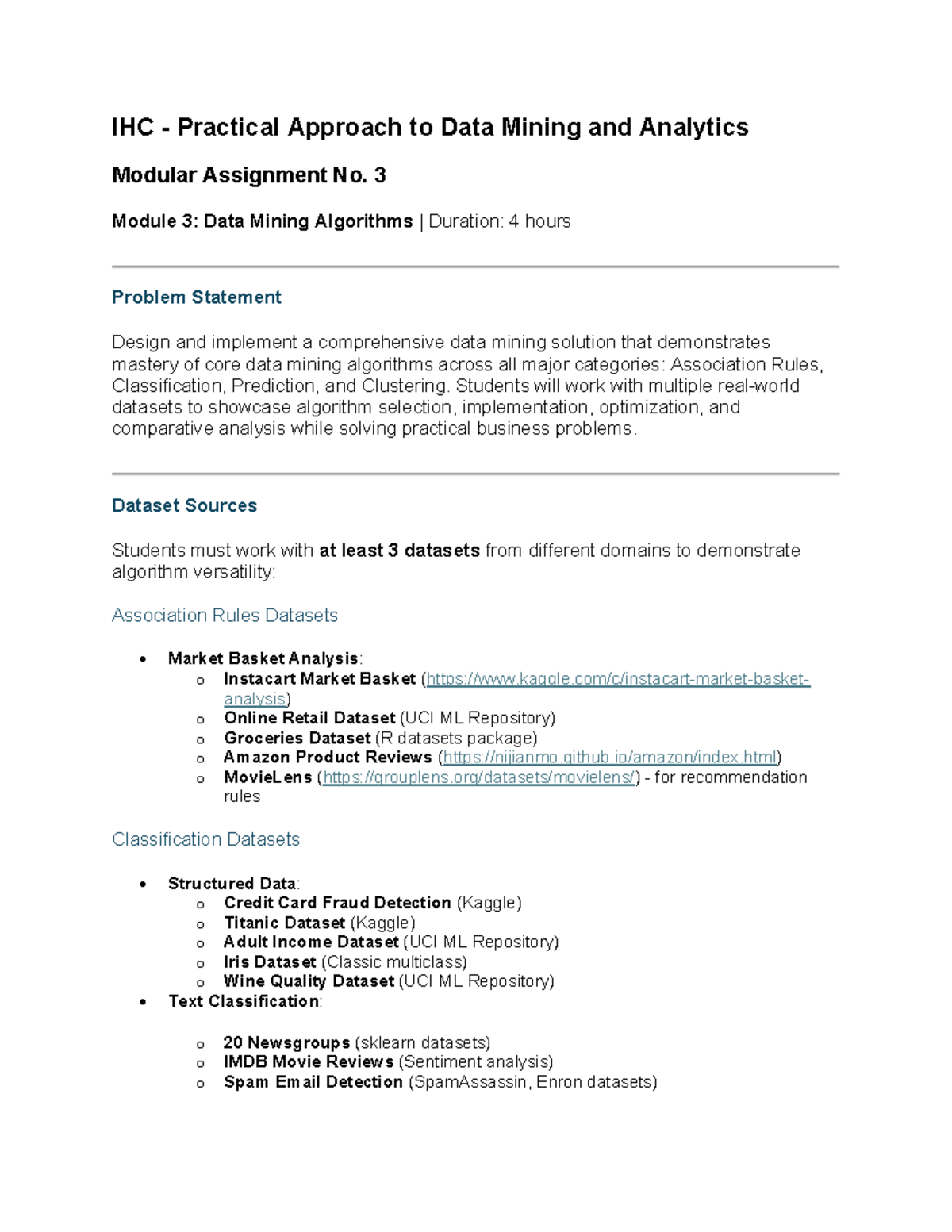 Modular Assignment No. 3: Data Mining Algorithms (DMA) - Studocu