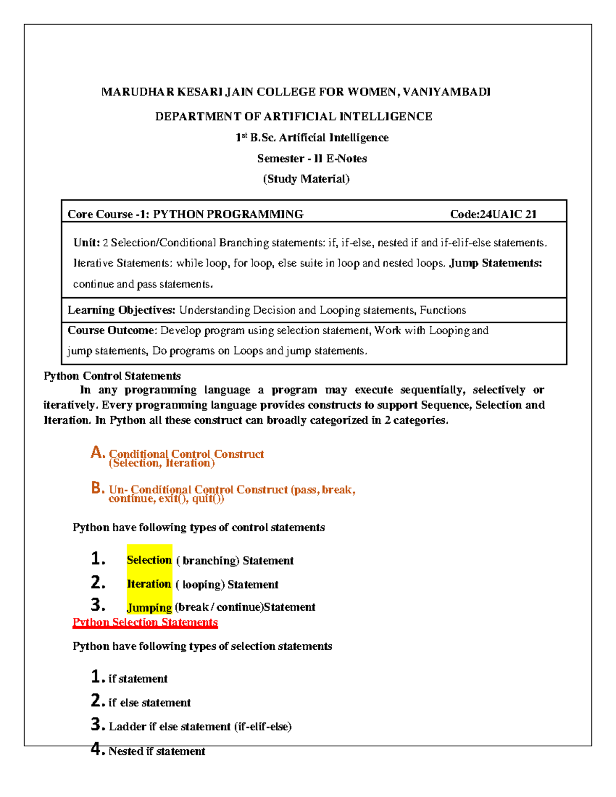 UNIT 2 - Python Programming: Control Statements & Loops (24UAIC 21) - Studocu