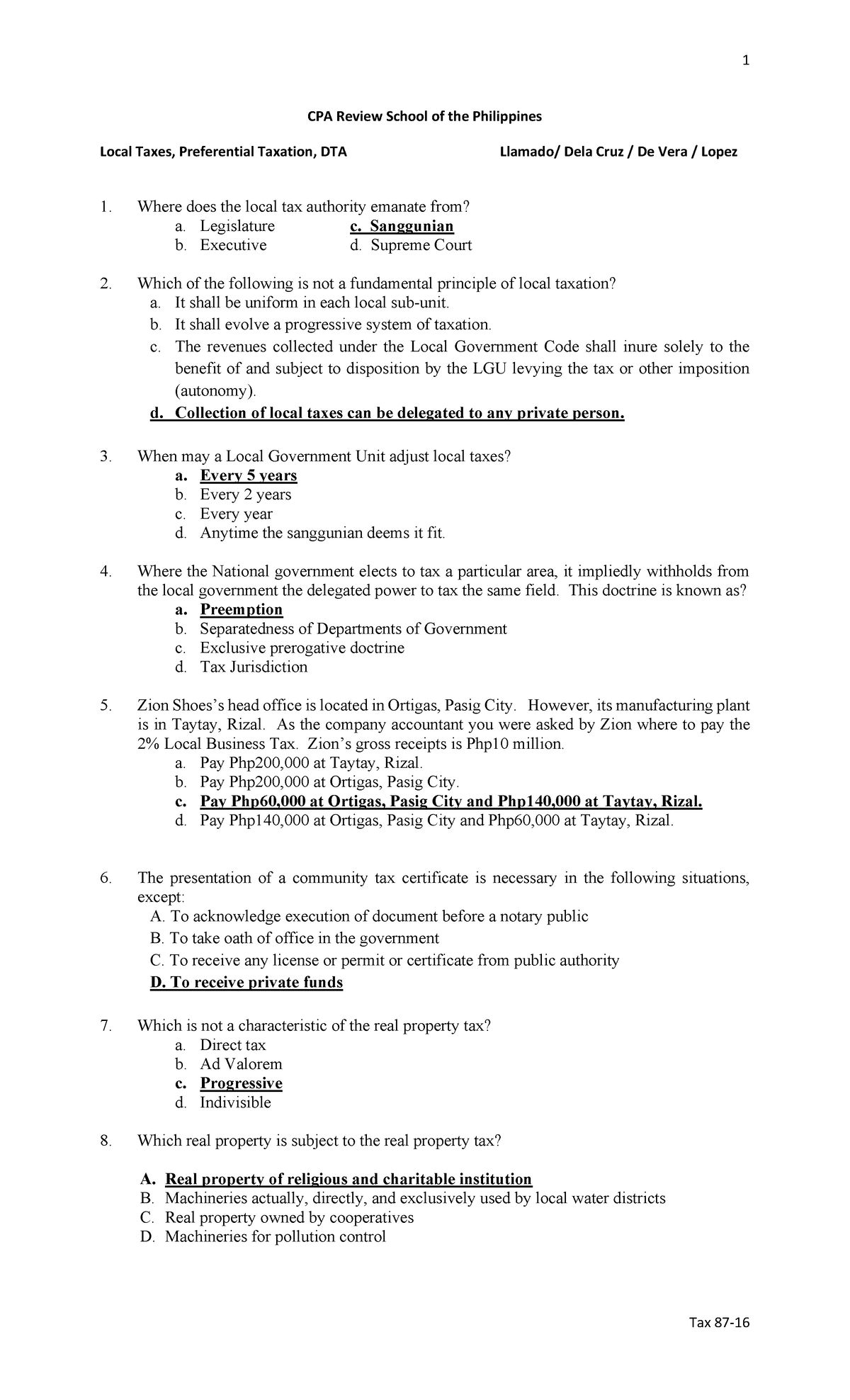 Tax87-16 Local Preferential Taxation Review Questions and Answers - Studocu