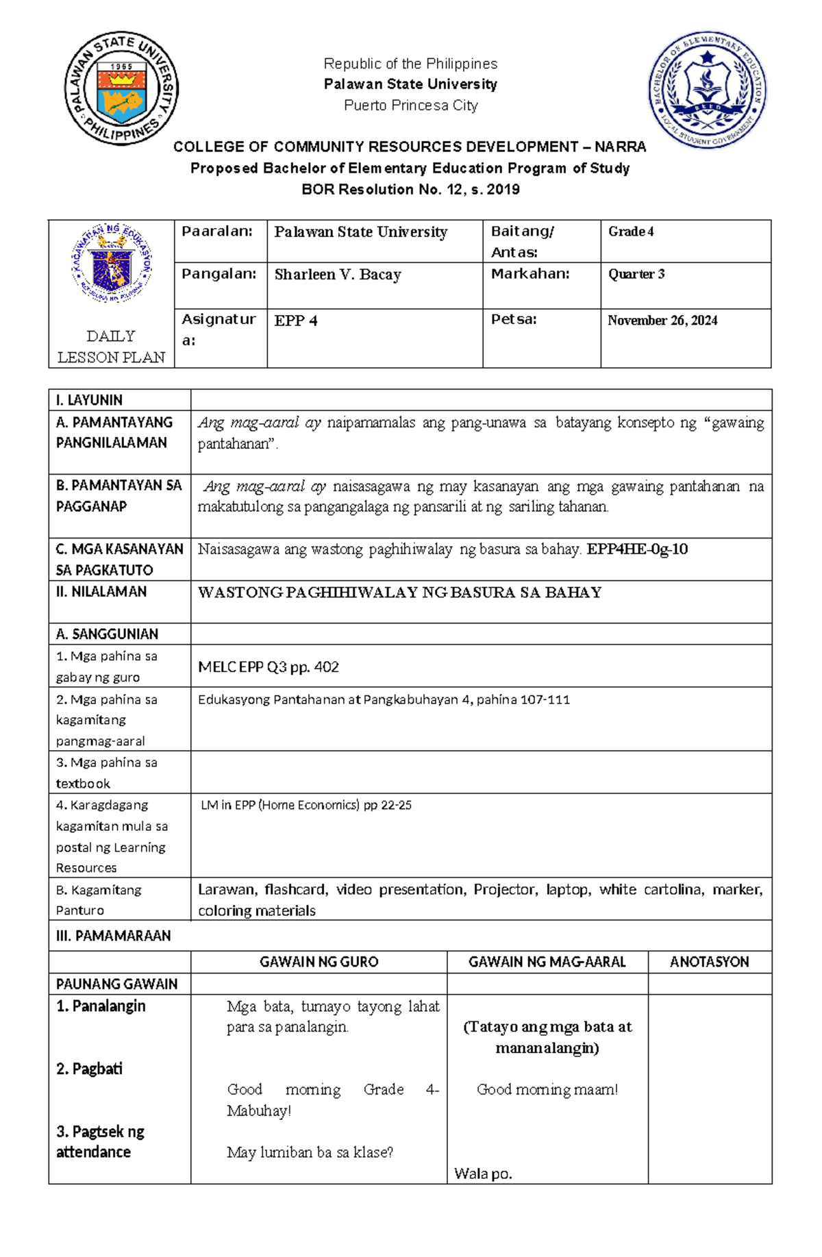 DLP- EPP Bacay - Republic of the Philippines Palawan State University ...