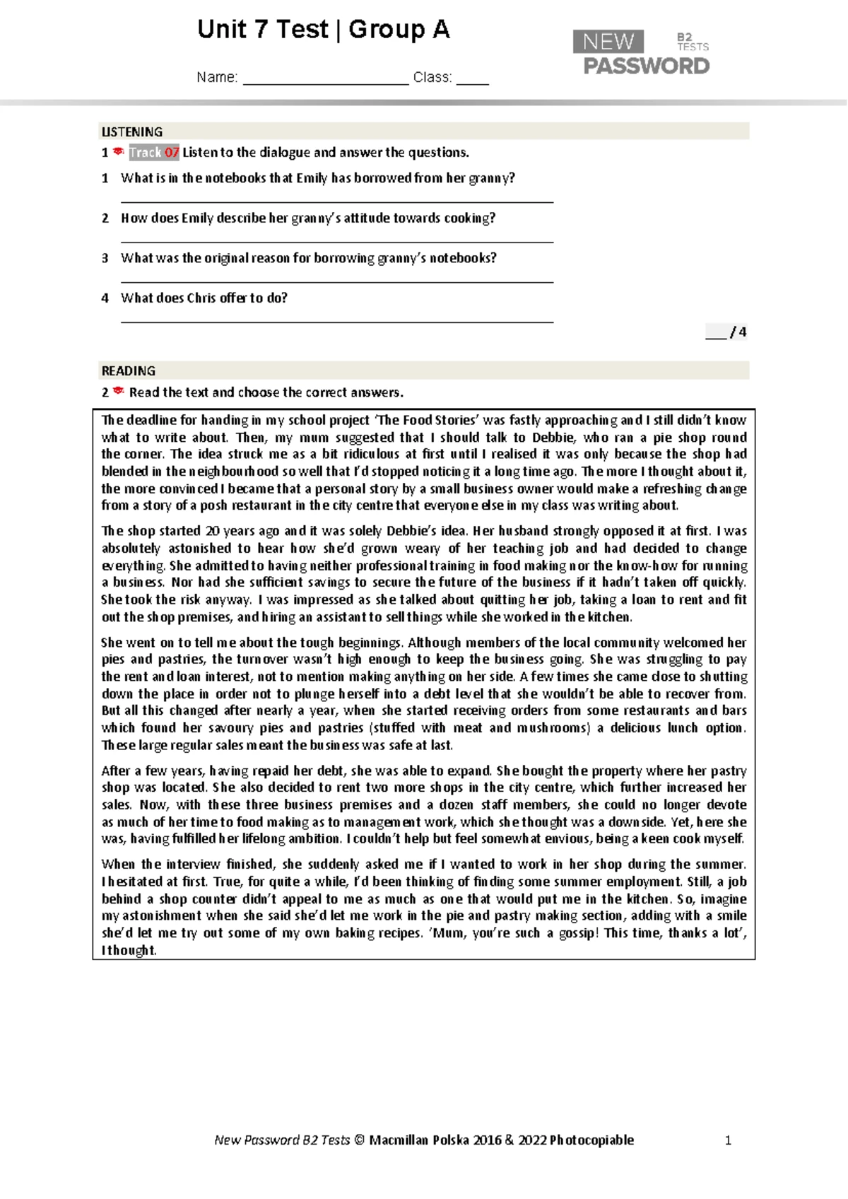 New Password B2 UT 7B - TESTY - Unit 7 Test | Group B Name ...