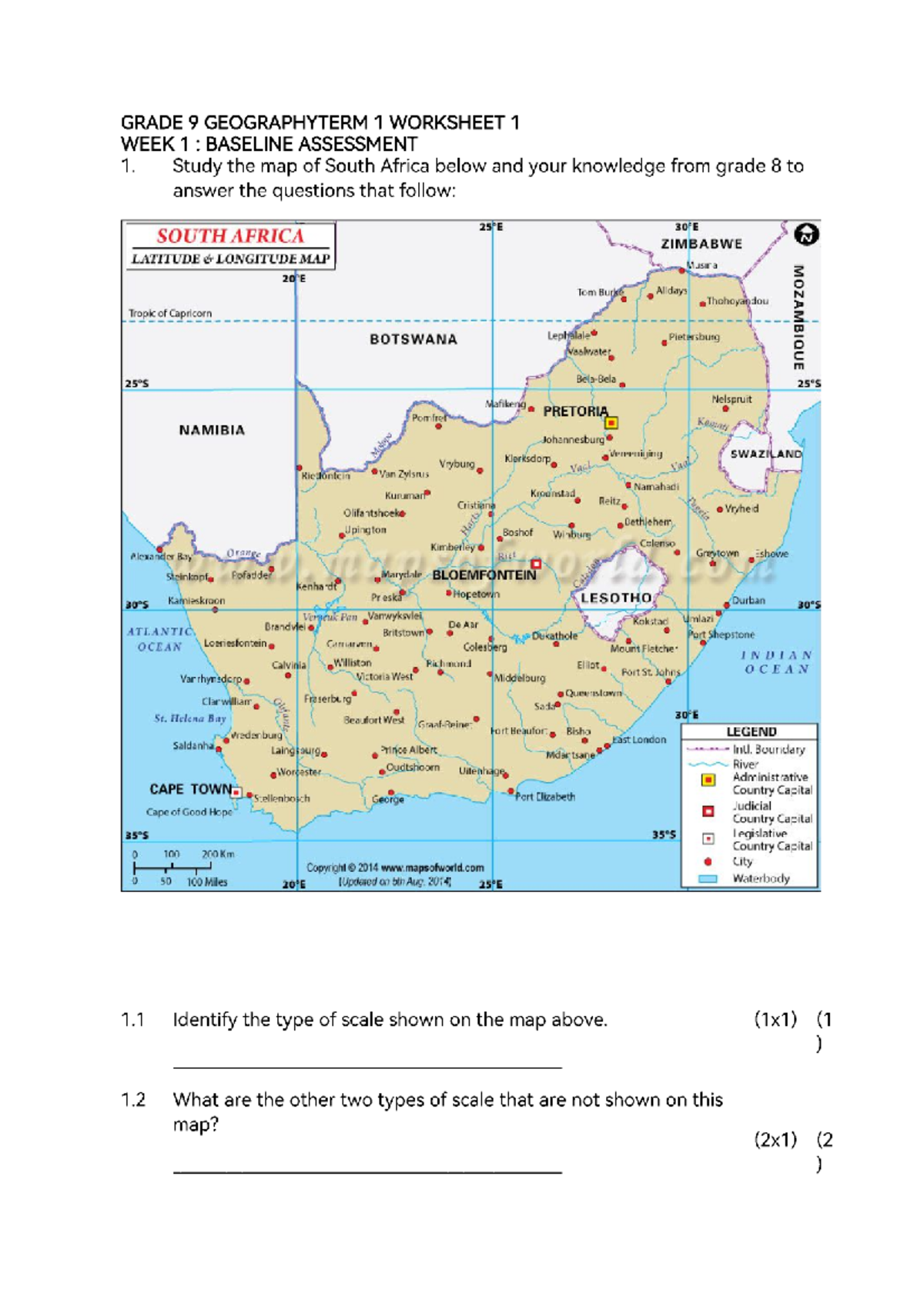 GRADE 9 GEOGRAPHY TERM 1 WORKSHEETS: BASELINE ASSESSMENT & MAP SKILLS ...