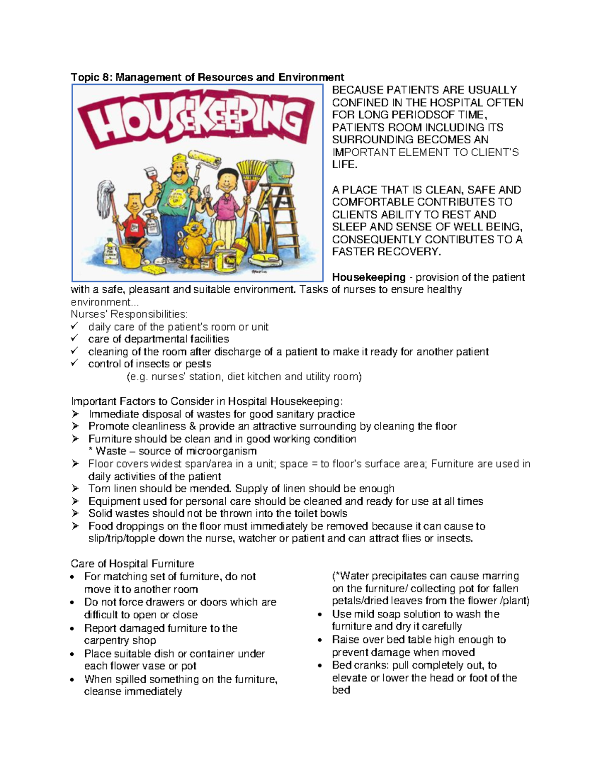 Housekeeping - Topic 8 : Management of Resources and Environment ...