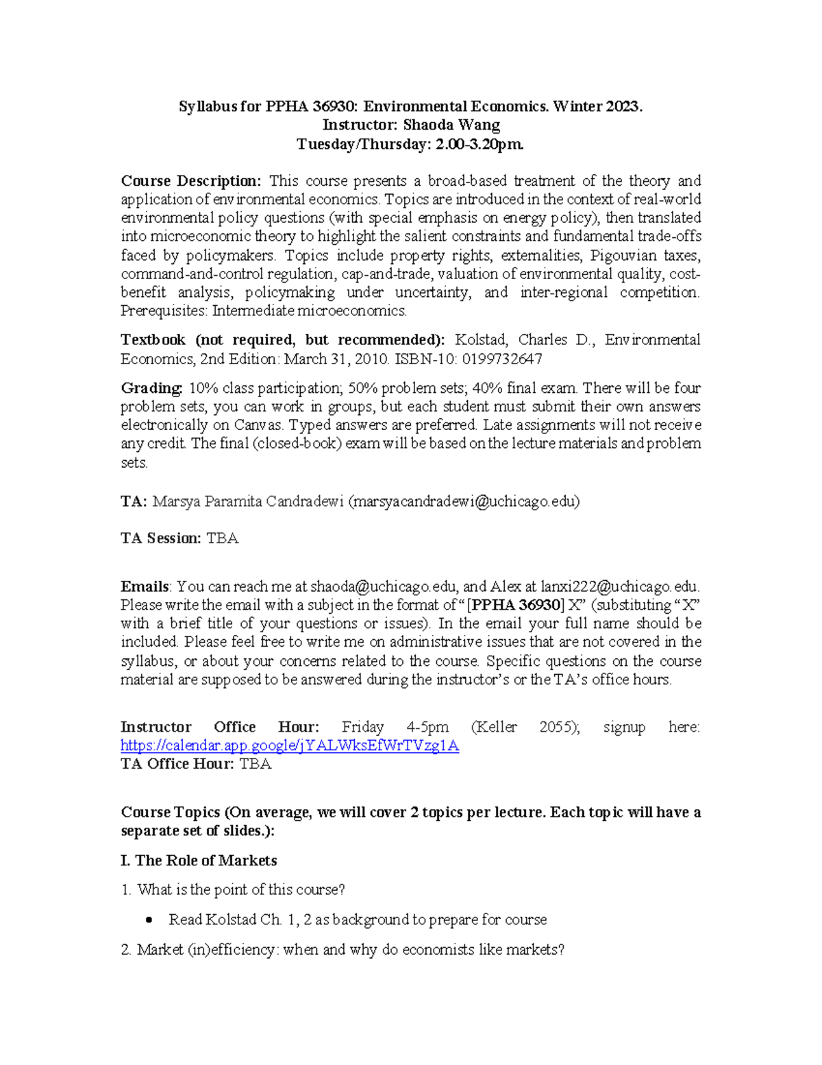 PPHA 36930: Winter 2023 Syllabus for Environmental Economics - Studocu
