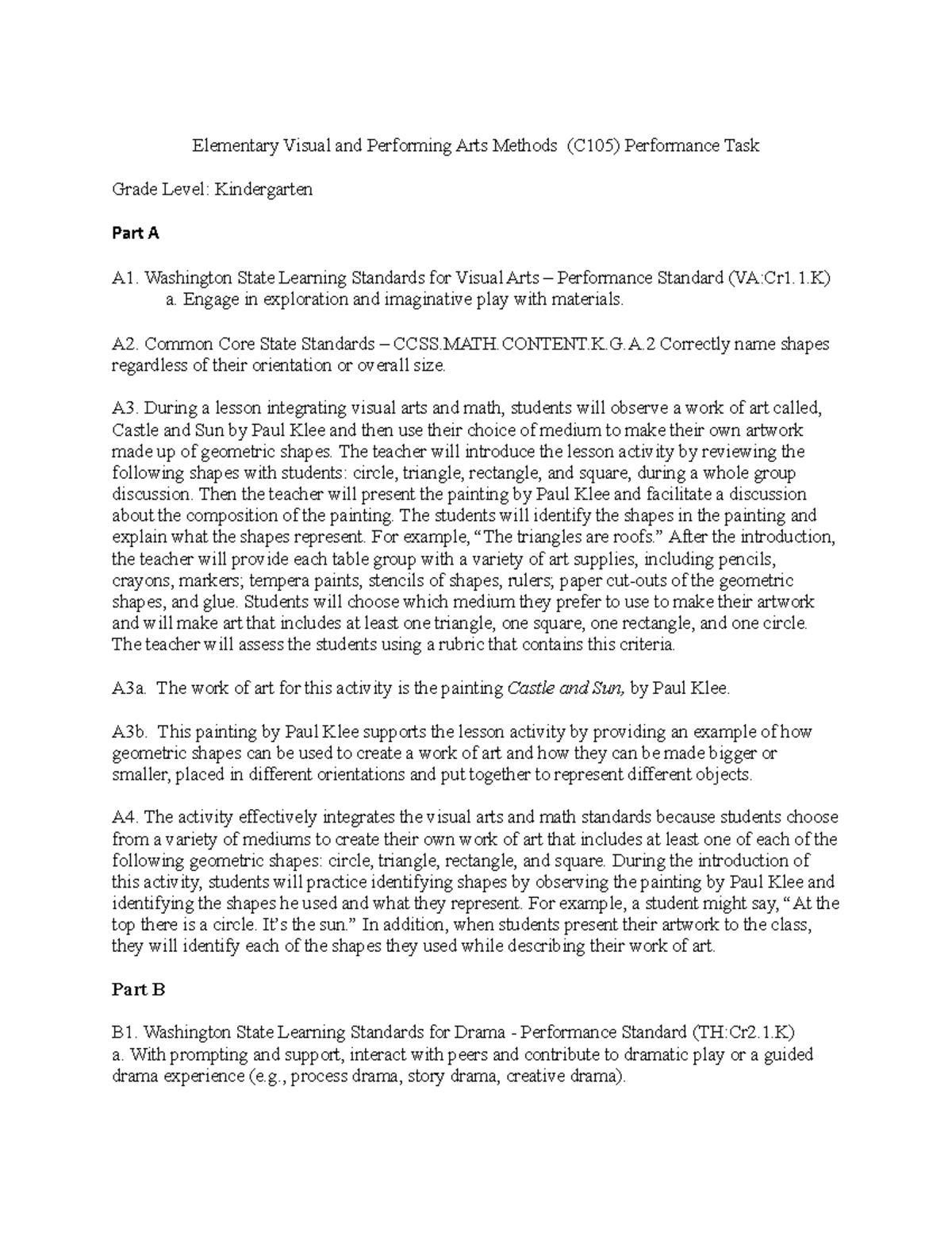 C105 Art Methods Performance Task - Elementary Visual and Performing ...