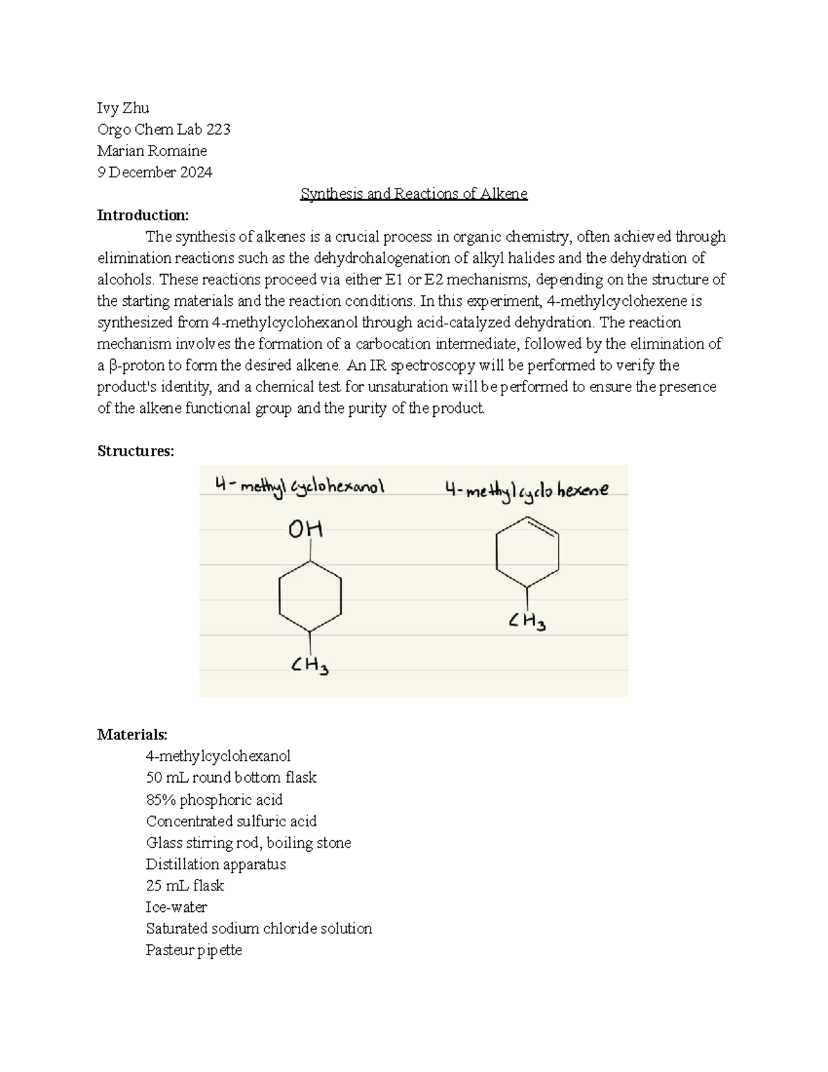 Orgo Lab: Synthesis and Reactions of Alkene - Ivy Zhu Orgo Chem Lab 223 ...