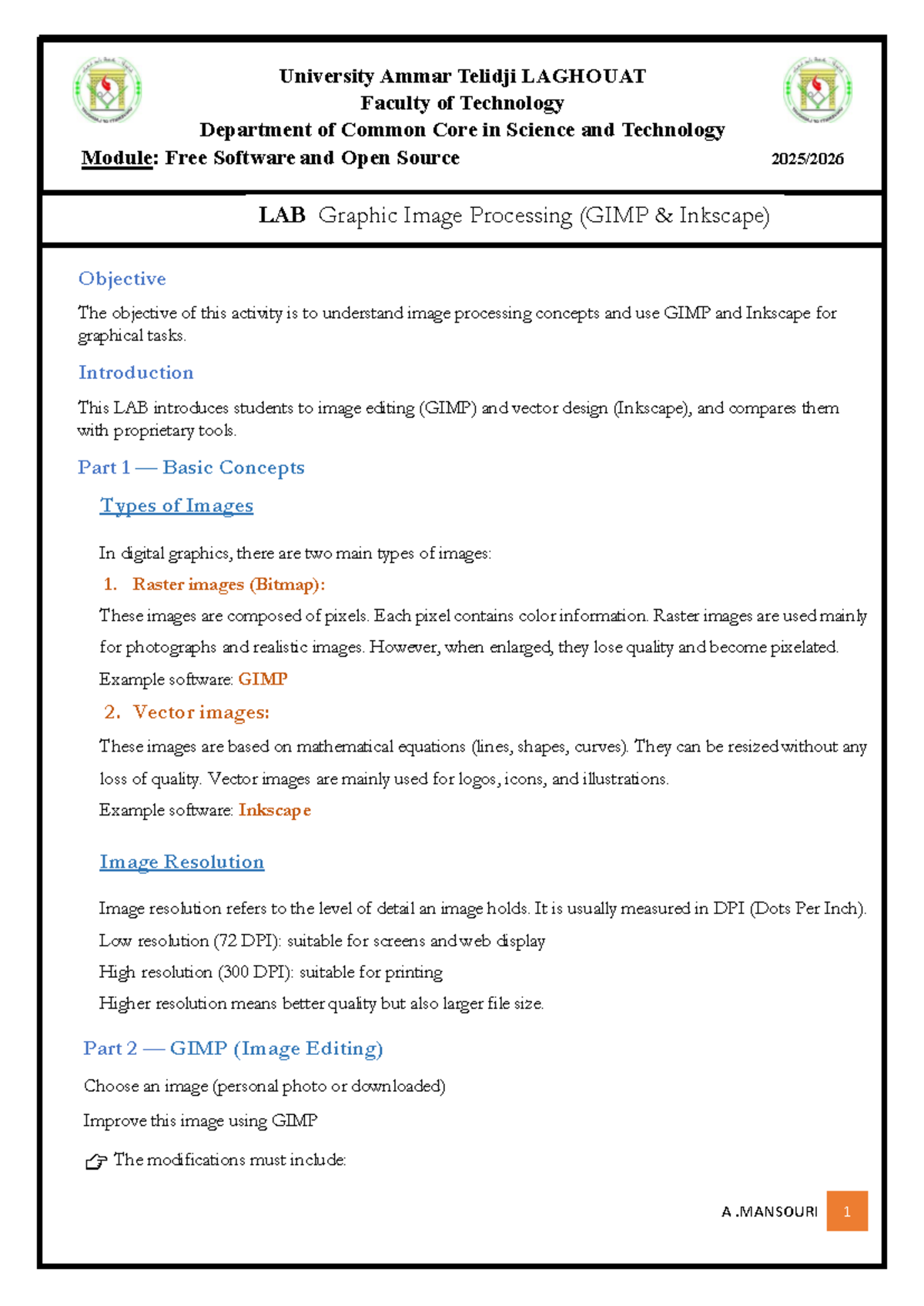 TP1: Traitement de texte WORD et Image Processing (GIMP, Inkscape ...