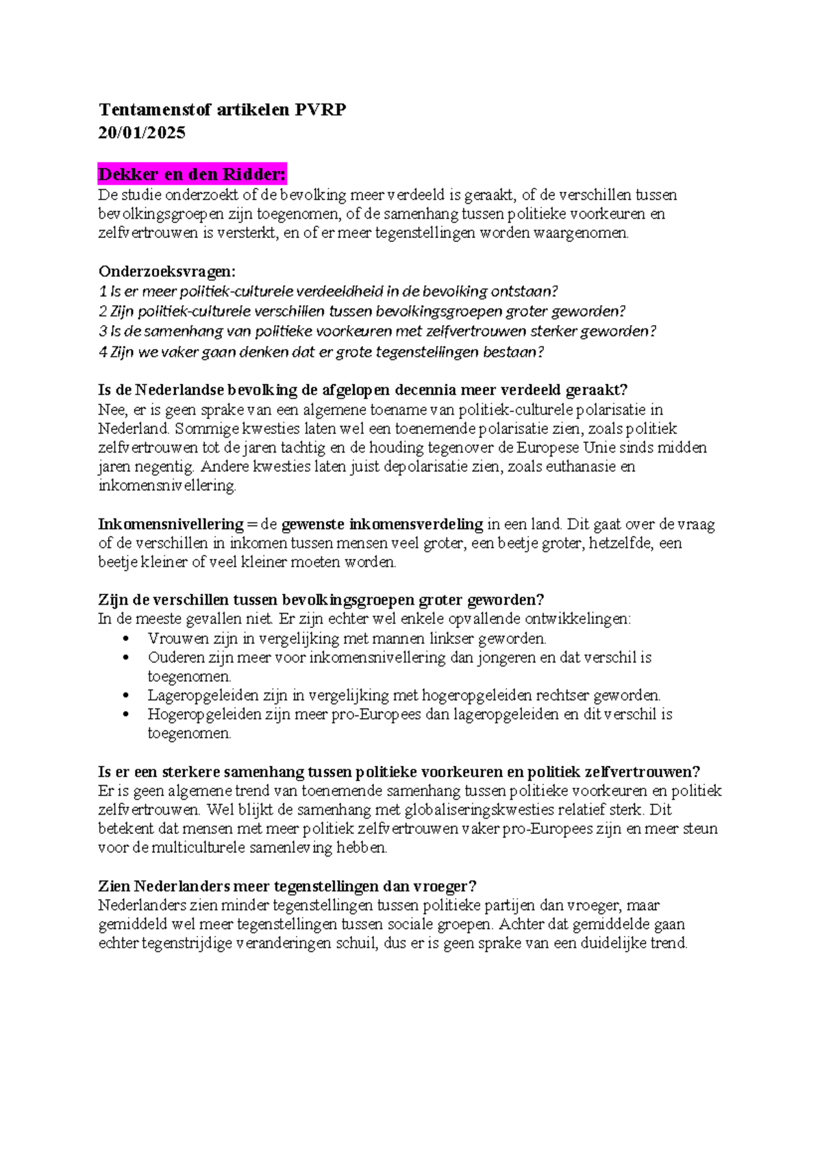 Tentamenstof artikelen PVRP - Analyse van Politieke Verdeling en ...