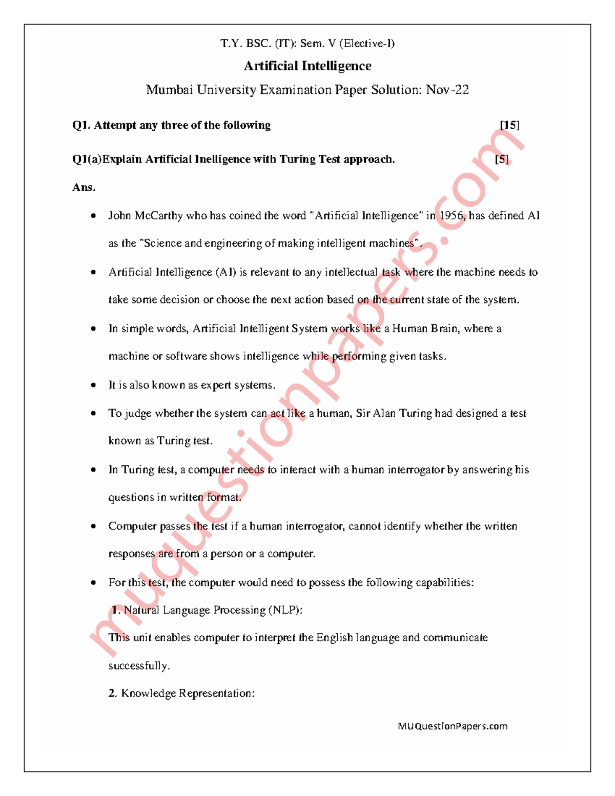 T.Y. BSC. (IT): Sem. V AI Exam Paper Solutions and Key Concepts - Studocu