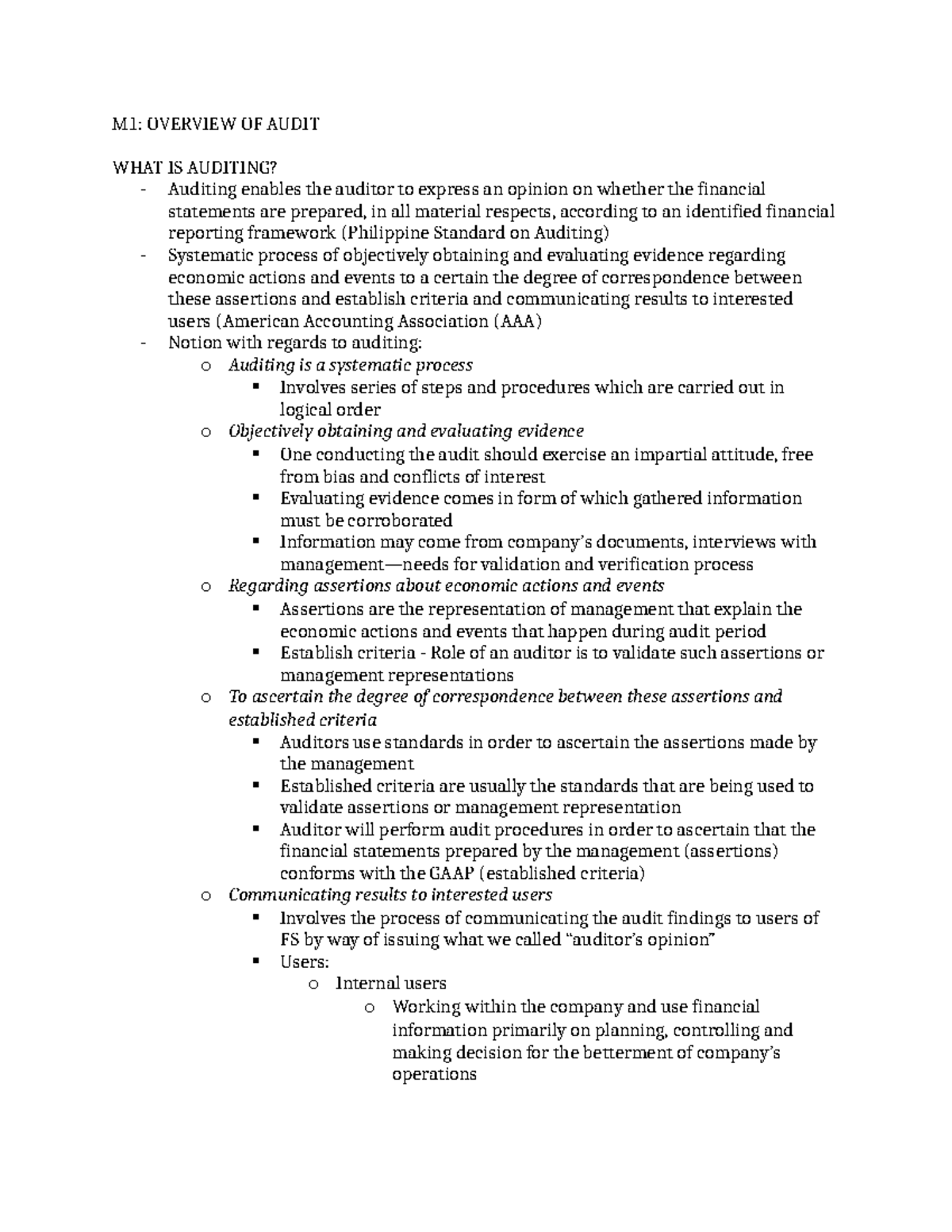 Lecture Notes Auditing M1 Overview Of Audit What Is Auditing Auditing Enables The Auditor To