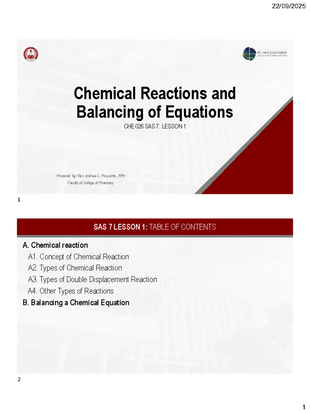 Chemical Reactions & Balancing Techniques - CHE 026 SAS 7: Lesson 1 ...