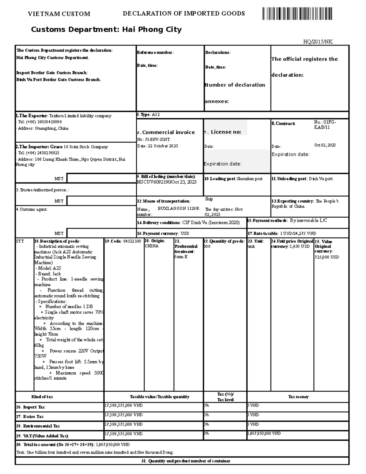 Customs Declaration for Imported Goods - HQ/2015/NK - HVTC - Studocu