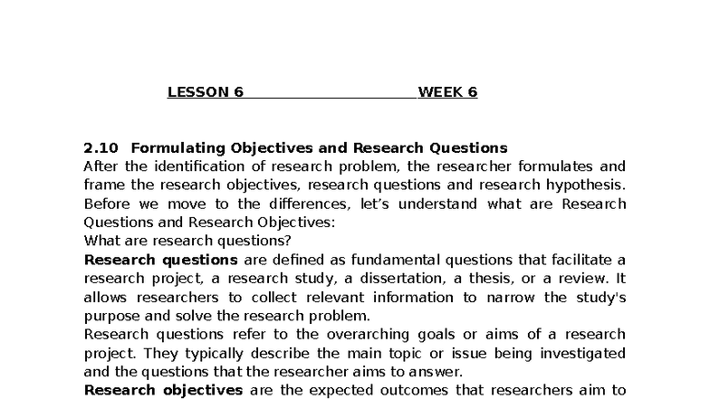 EDUC 710 Lesson 6: Formulating Research Objectives & Questions - Studocu