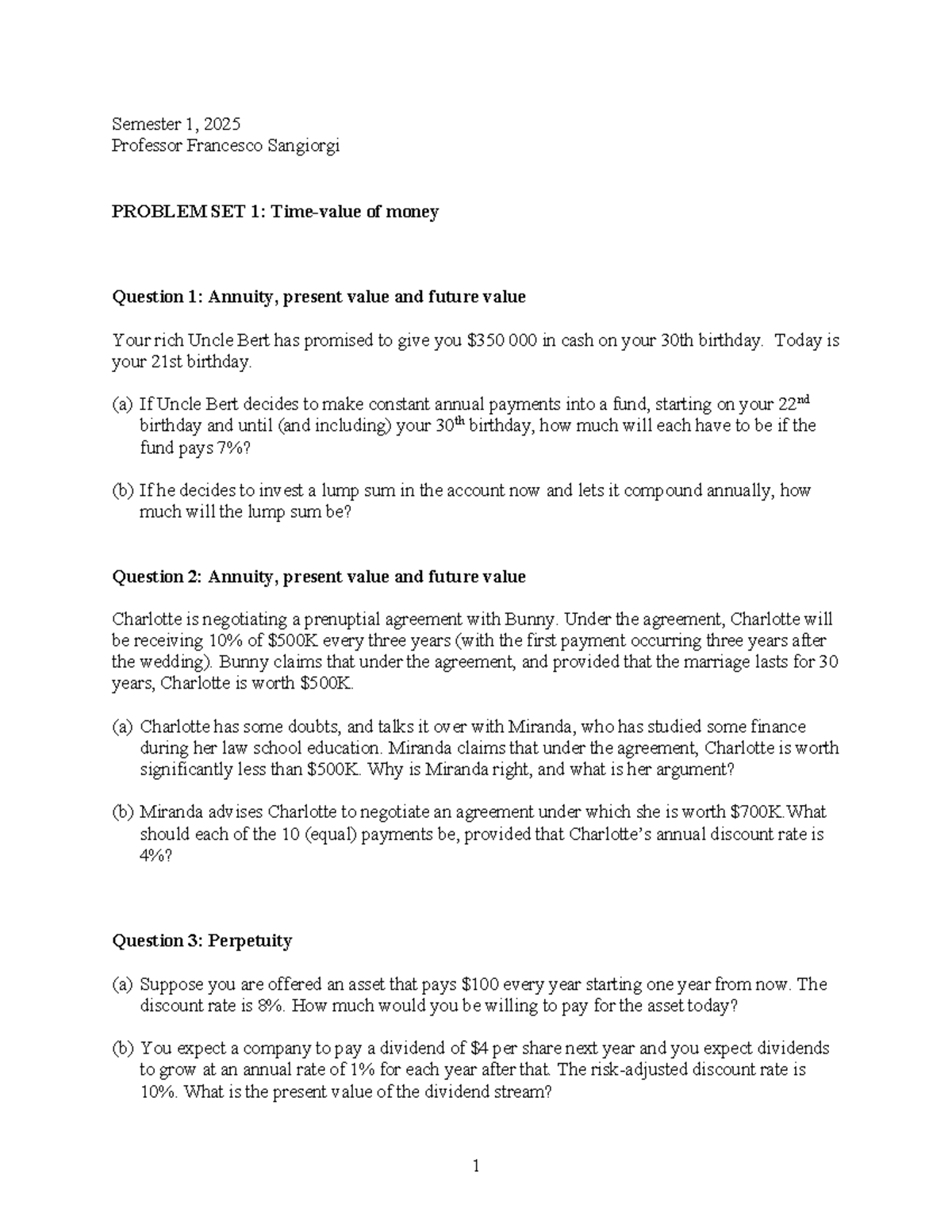 Problem Set 1: Annuity, Present Value & NPV Analysis (FIN 101) - Studocu