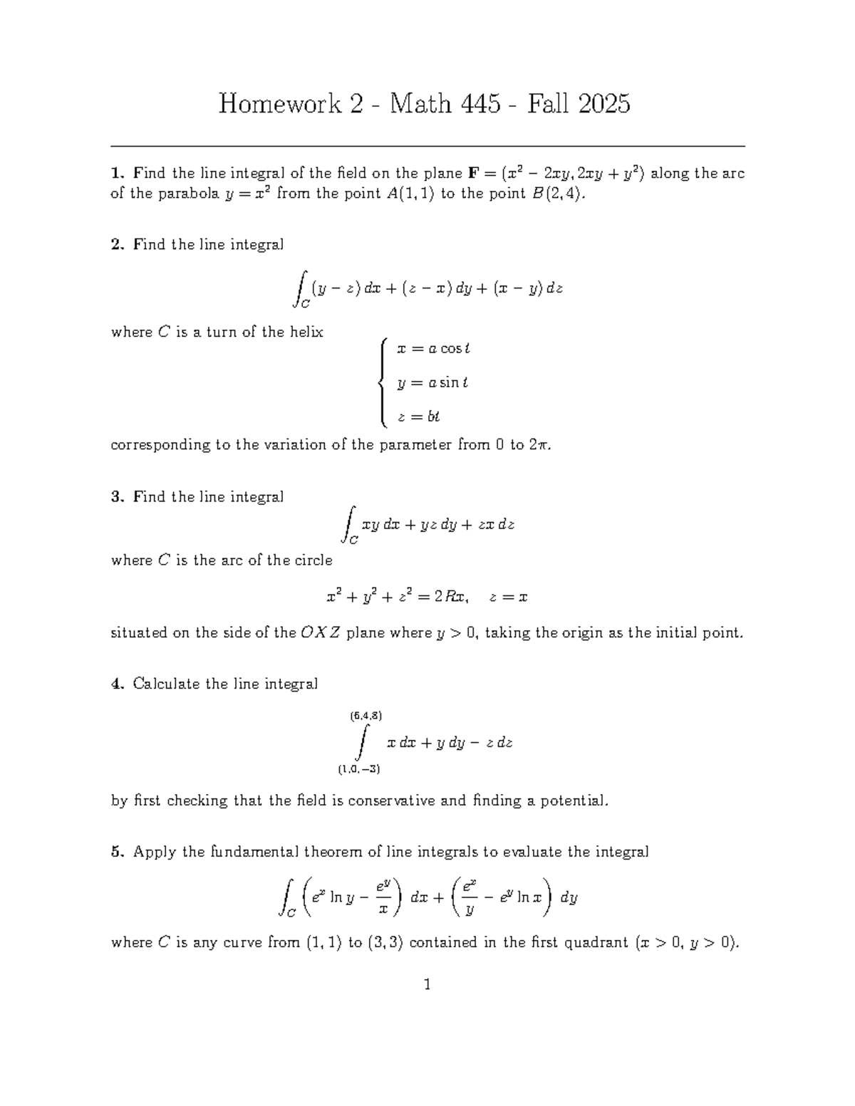 Homework 2 - Math 445: Line Integrals and Applications - Studocu