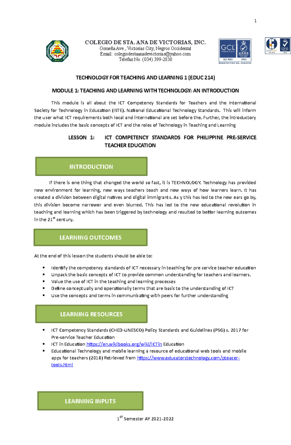 Module 1 - Lesson 1 (ICT Competency Standards FOR Philippine PRE ...