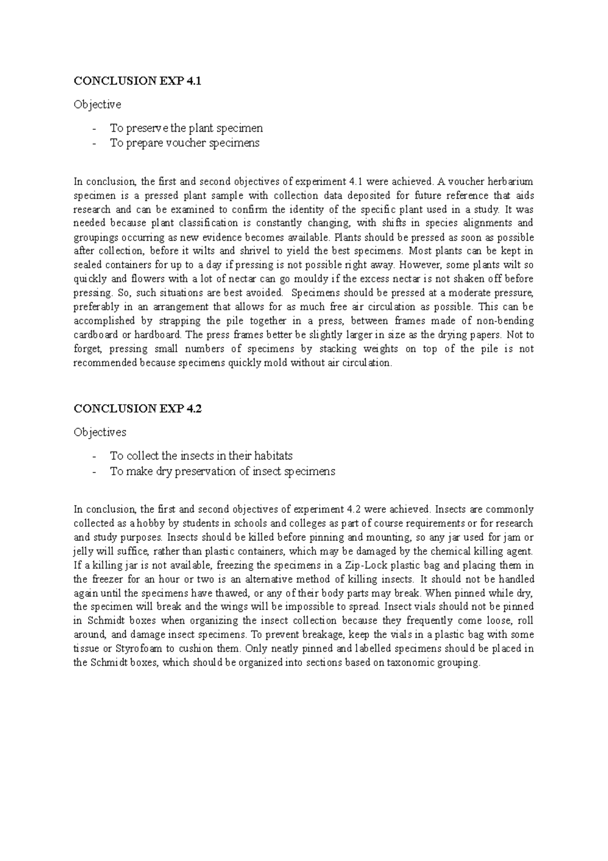 Conclusion of EXP 4: Plant & Insect Preservation - BIO301 - Studocu