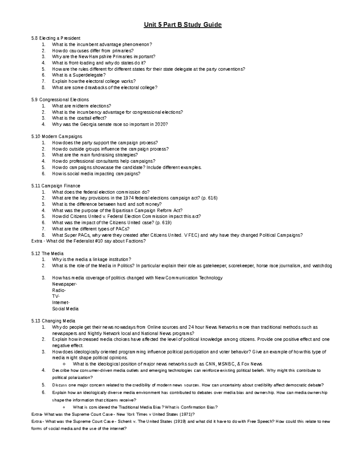 Unit 5 Part B Study Guide: Elections, Campaigns, and Media Analysis ...