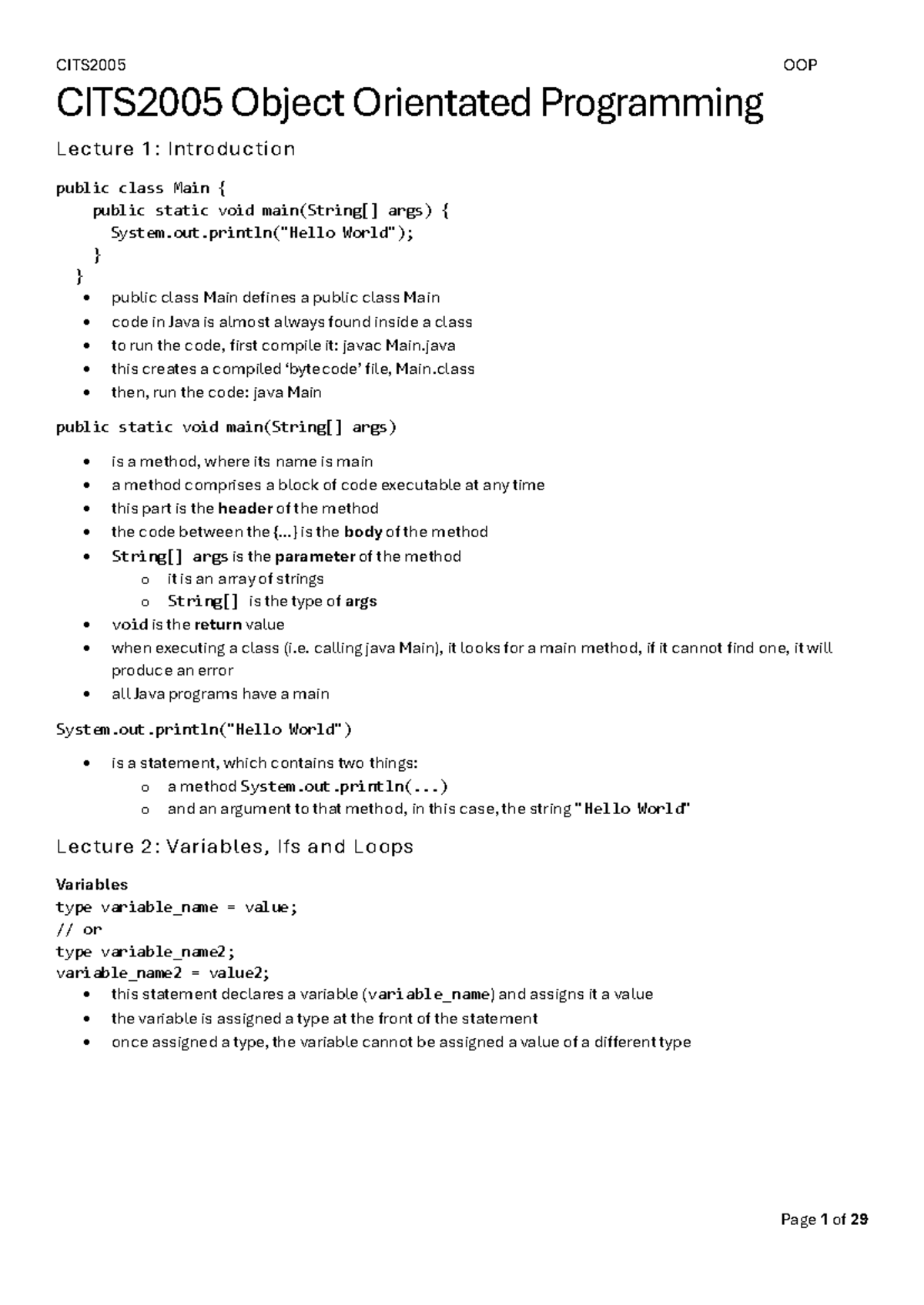 CITS2005 OOP Lecture Notes: Introduction to Java Programming - Studocu