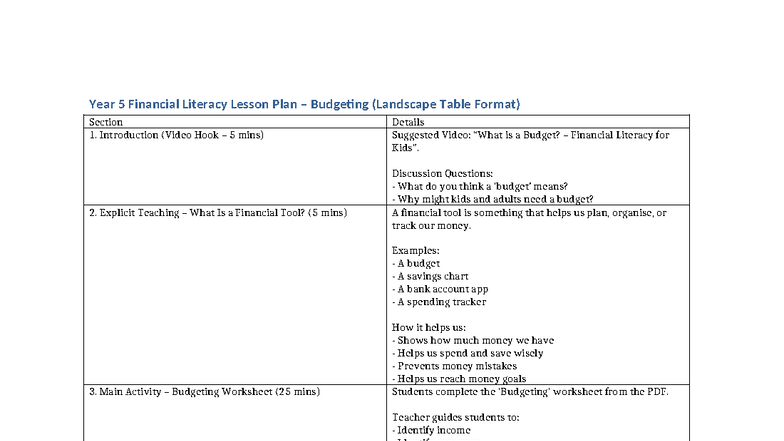 Year 5 Financial Literacy Lesson Plan: Budgeting Activities - Studocu