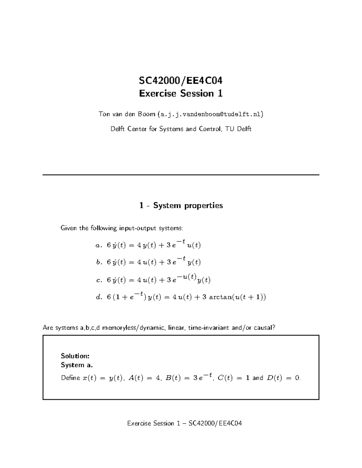 SC42000/EE4C04 Exercise 1 Solutions and Analysis - Studeersnel