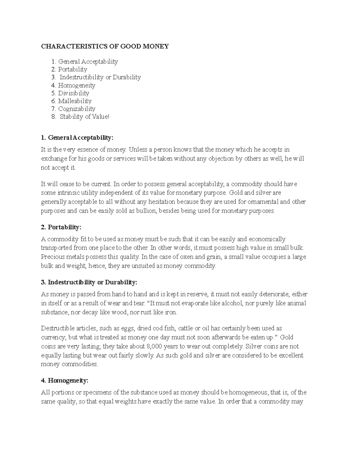 Characteristics of Good Money: Essential Traits Explained - Studocu