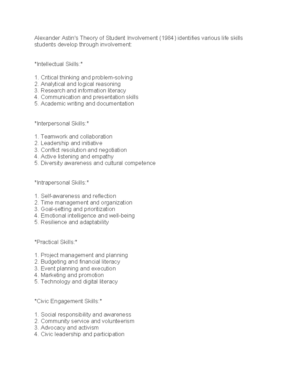 Alexander Astin's Theory of Student Involvement - Notes - Studocu