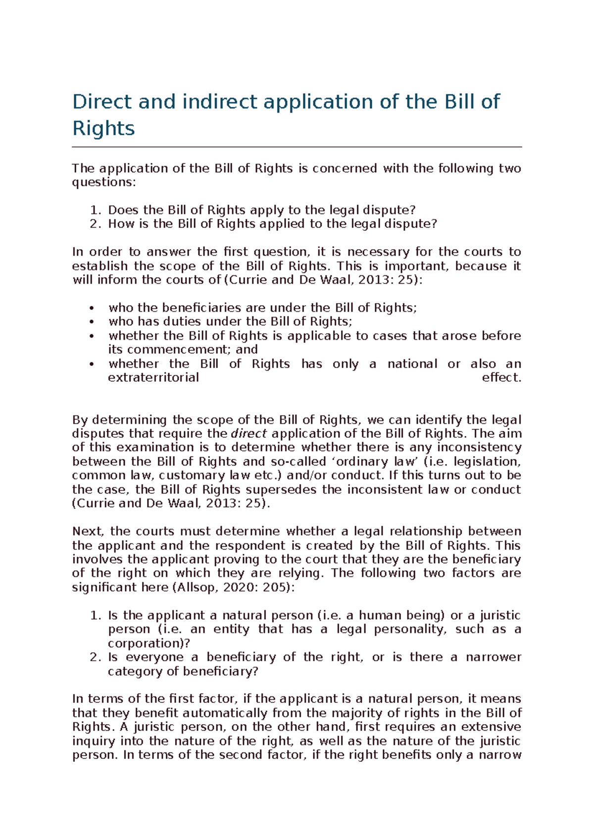 Understanding the Direct & Indirect Application of the Bill of Rights ...