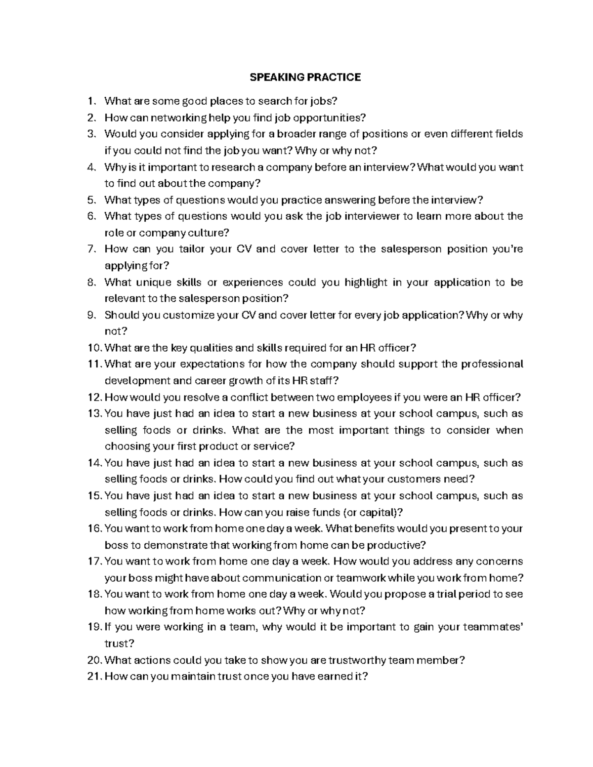 SPEAKING PRACTICE: Job Search & Workplace Strategies - Studocu