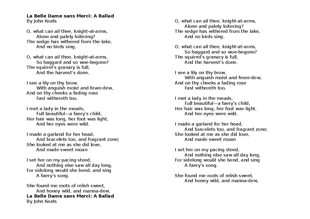 La Belle Dame sans Merci: Analysis of Keats' Ballad - Studocu