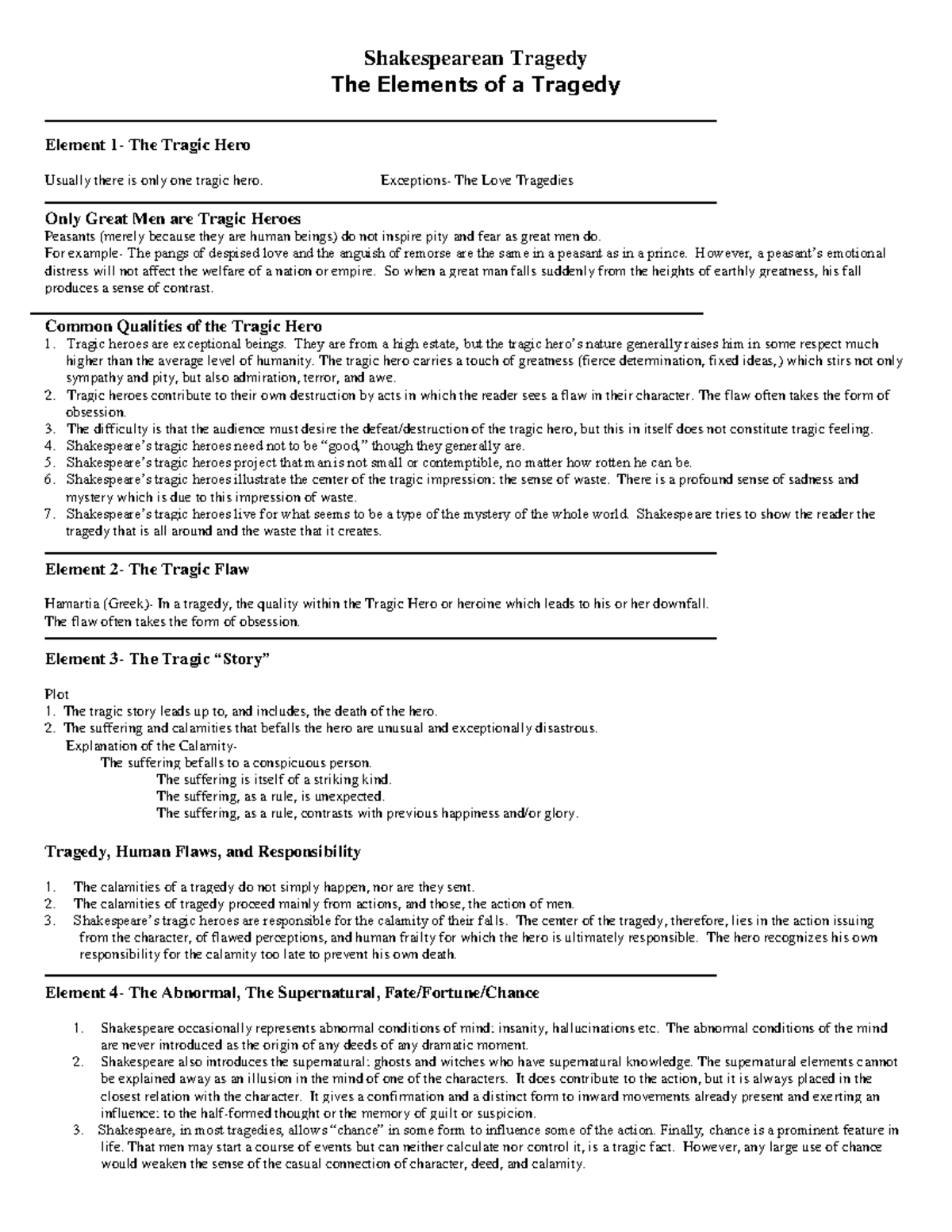 Elements of a Shakespearean Tragedy - Shakespearean Tragedy The ...