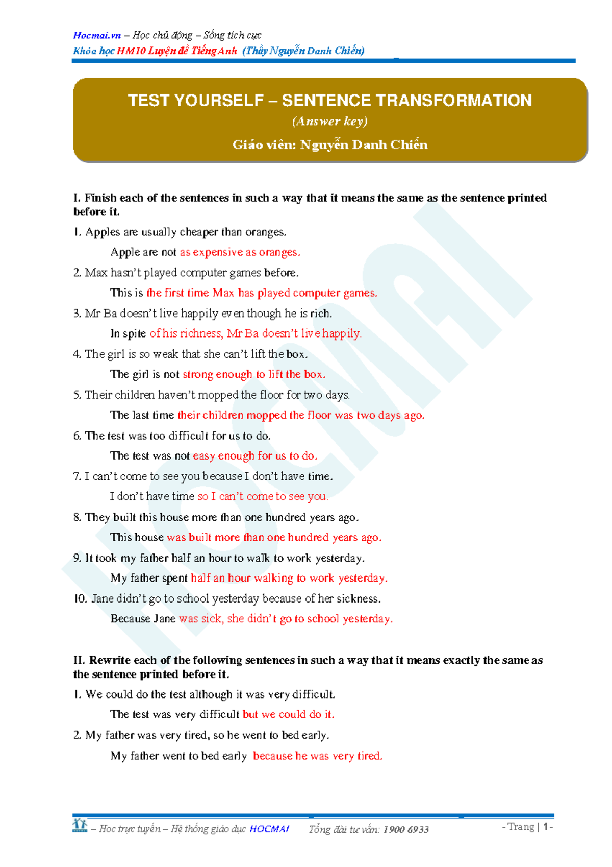 HM10 English Sentence Transformation Test - Answer Key - Studocu