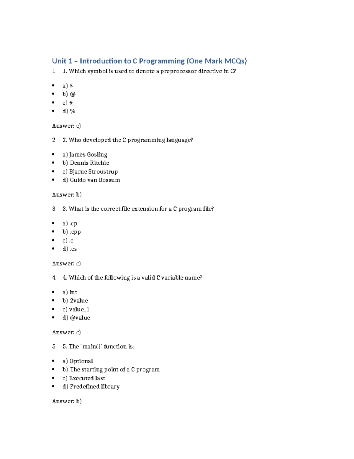 Unit 1 C Programming MCQs (One Mark Questions) - Studocu