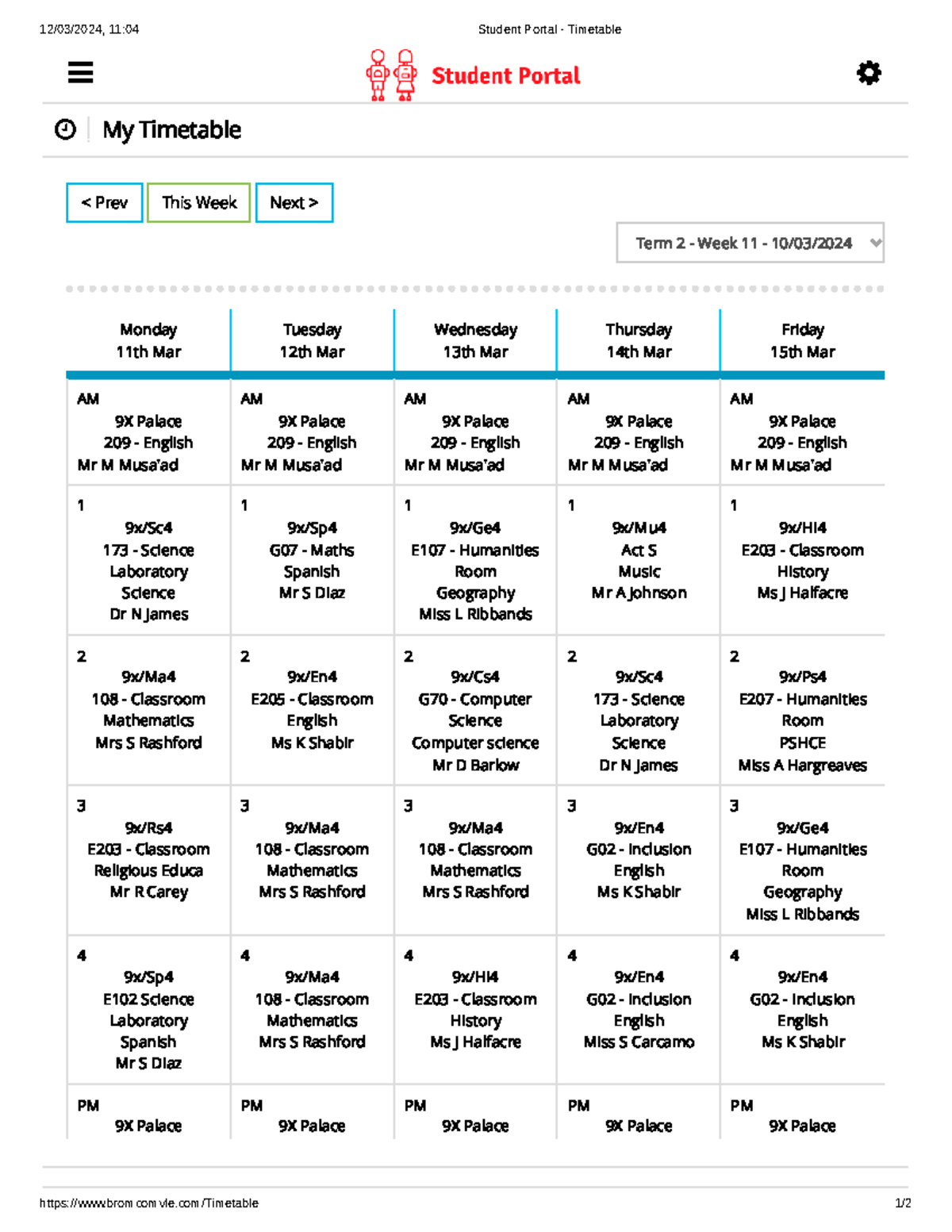 Student Portal - Timetable for Week 11 (Term 2) - Studocu