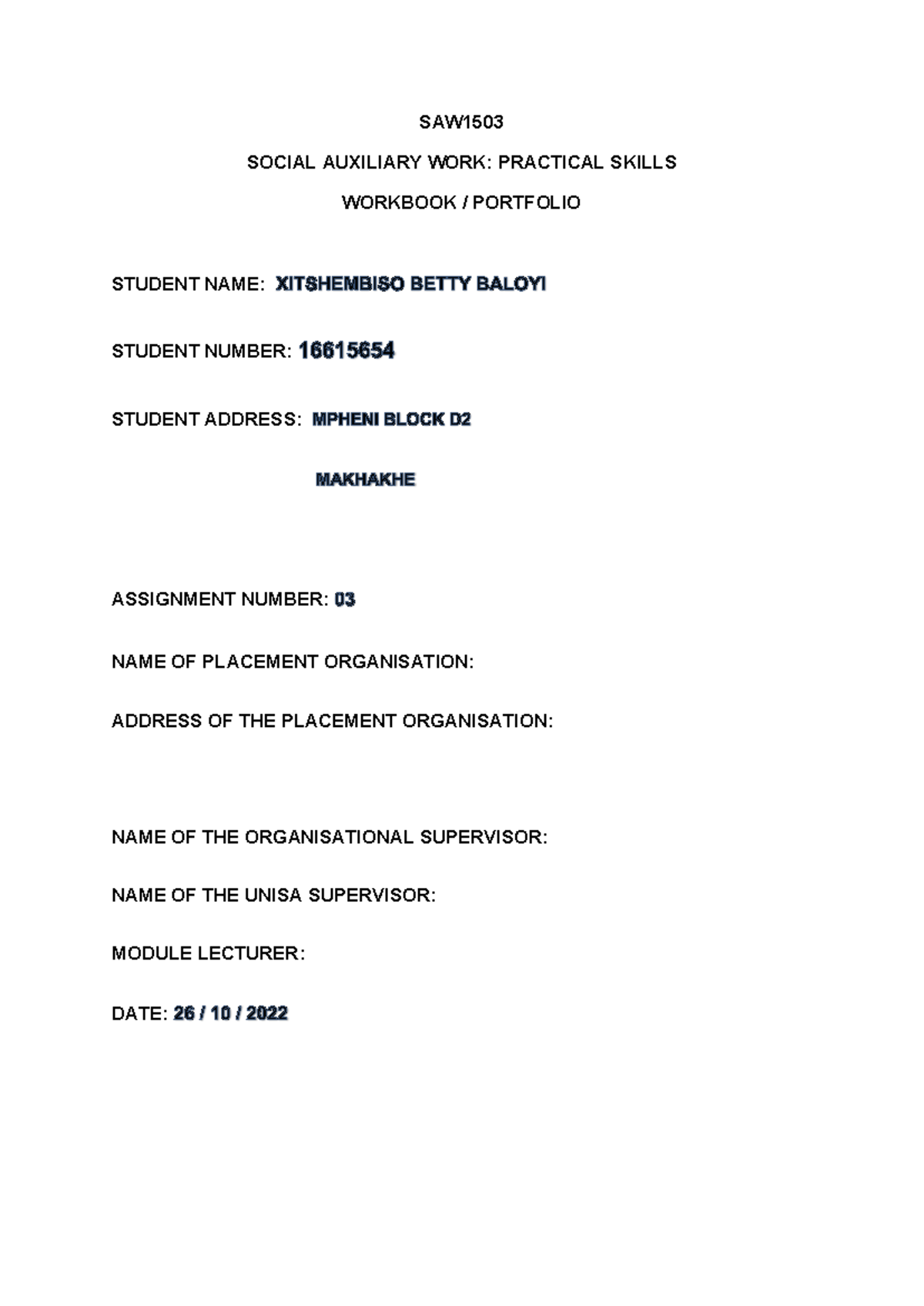 SAW1502 Workbook Assignment 03: Social Auxiliary Work Insights - Studocu