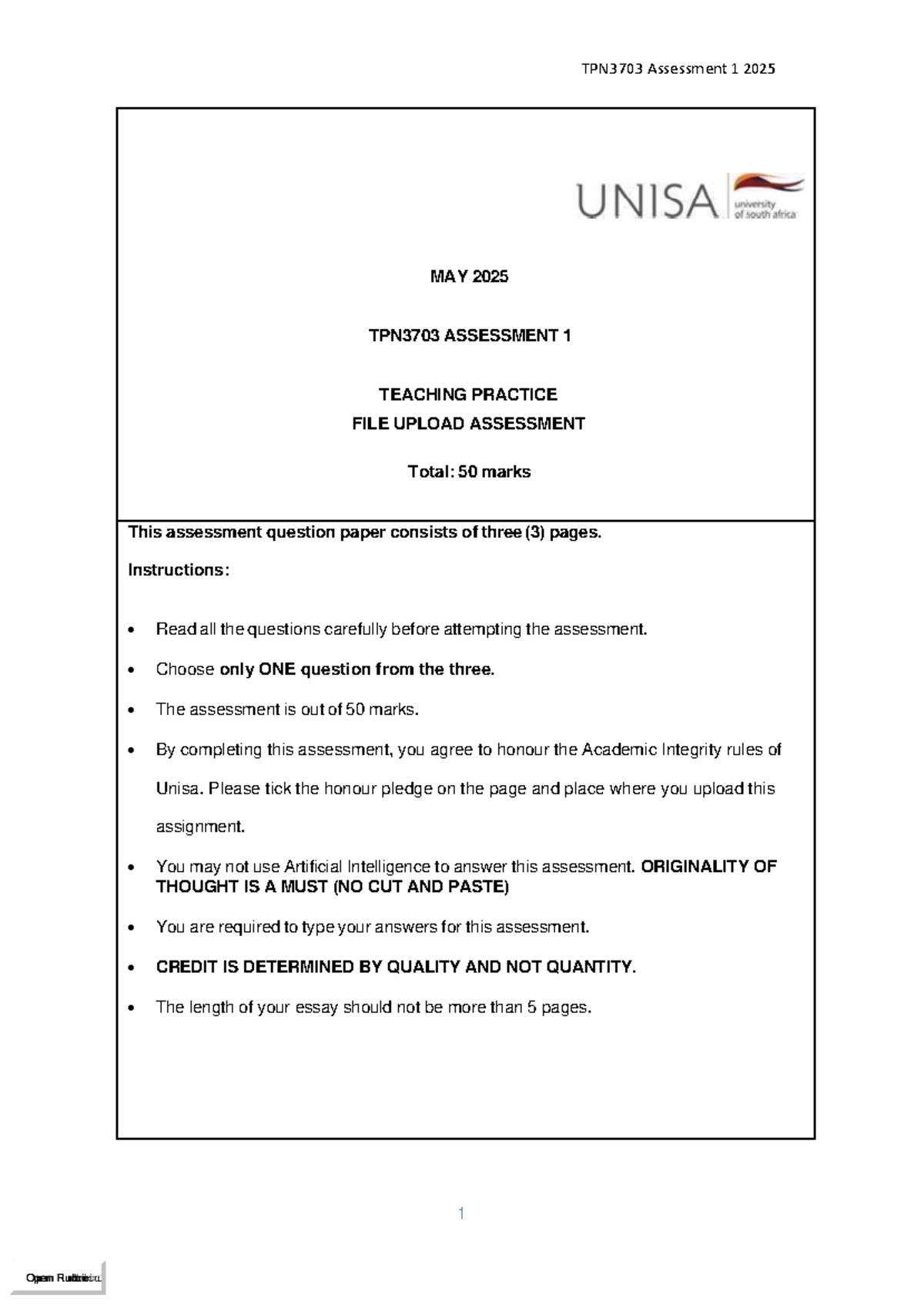 TPN3703 2025 Assessment 1: Teaching Under Trauma & Emotional ...